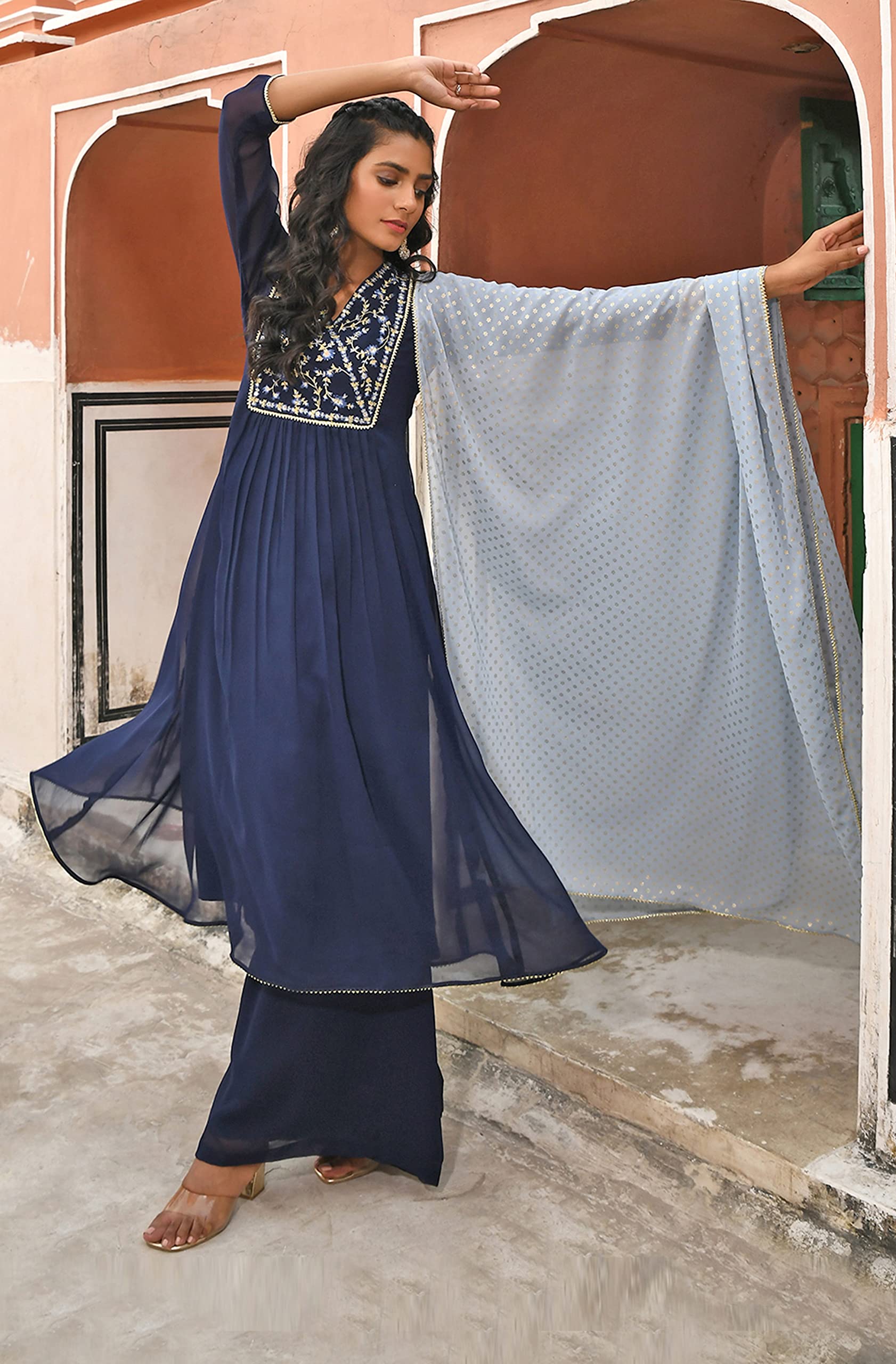 Janasya Indian Women's Navy Blue Georgette Embroidered Kurta with Flared Palazzo and Dupatta