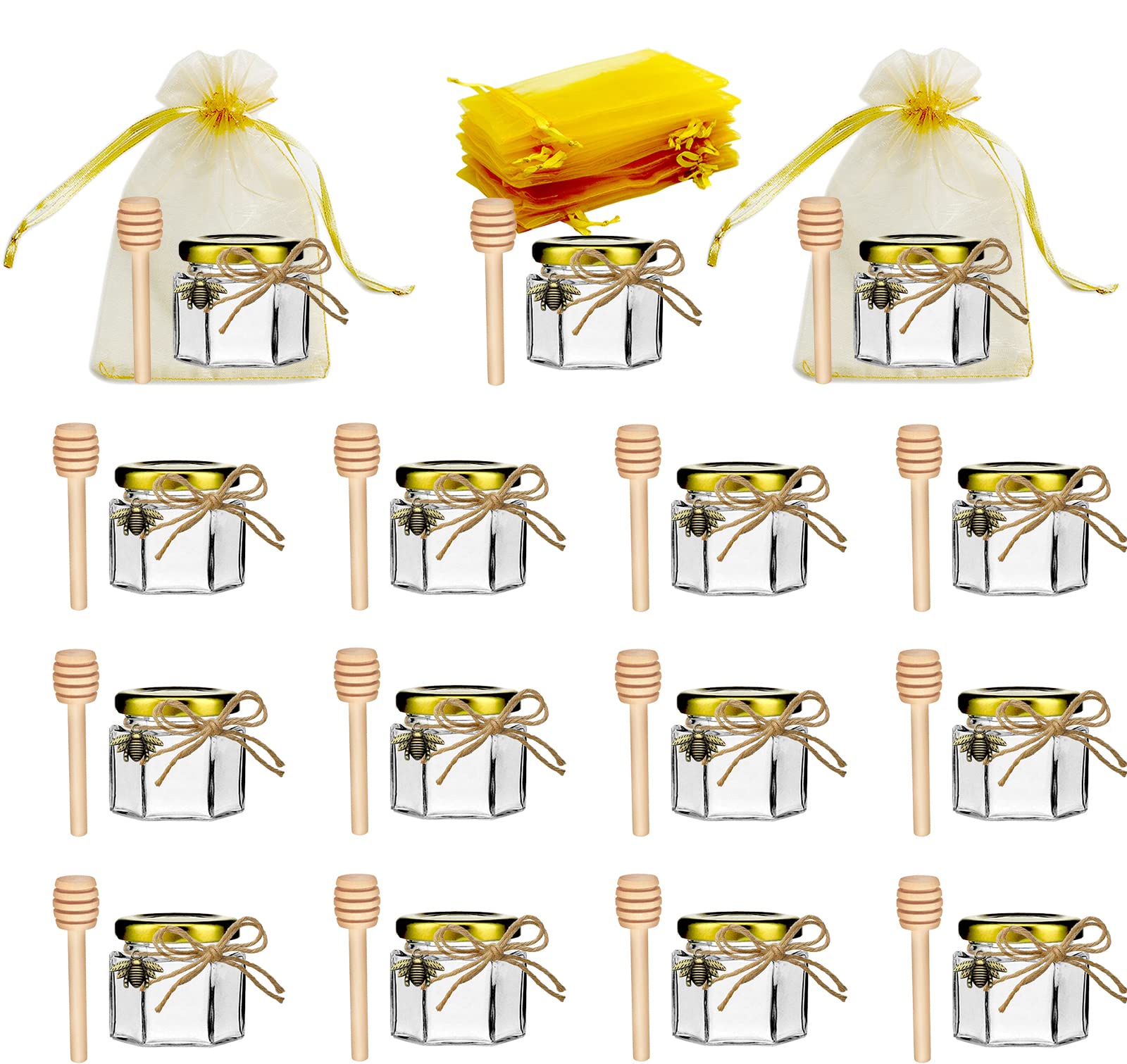 Mini Hexagonal Honey Jars - 2 oz 15 Pack Little Glass Honey Jar - Glass Honey Jars with Wooden Dippers, Bee Charms, Jutes and Gold Gift Bags - Honey Jars for Baby Shower, Wedding Party Favors