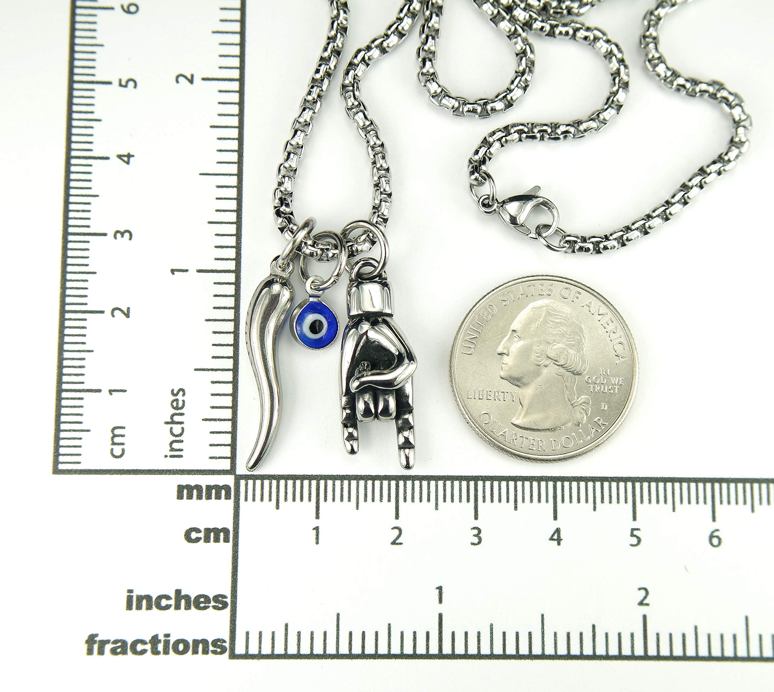 Mano Cornuto, Cornicello, and Nazar combo Necklace, on 24" Box Chain, Italian Lucky Hand Horn Anti Evil Eye Good Luck Amulet Protection Charms All Stainless