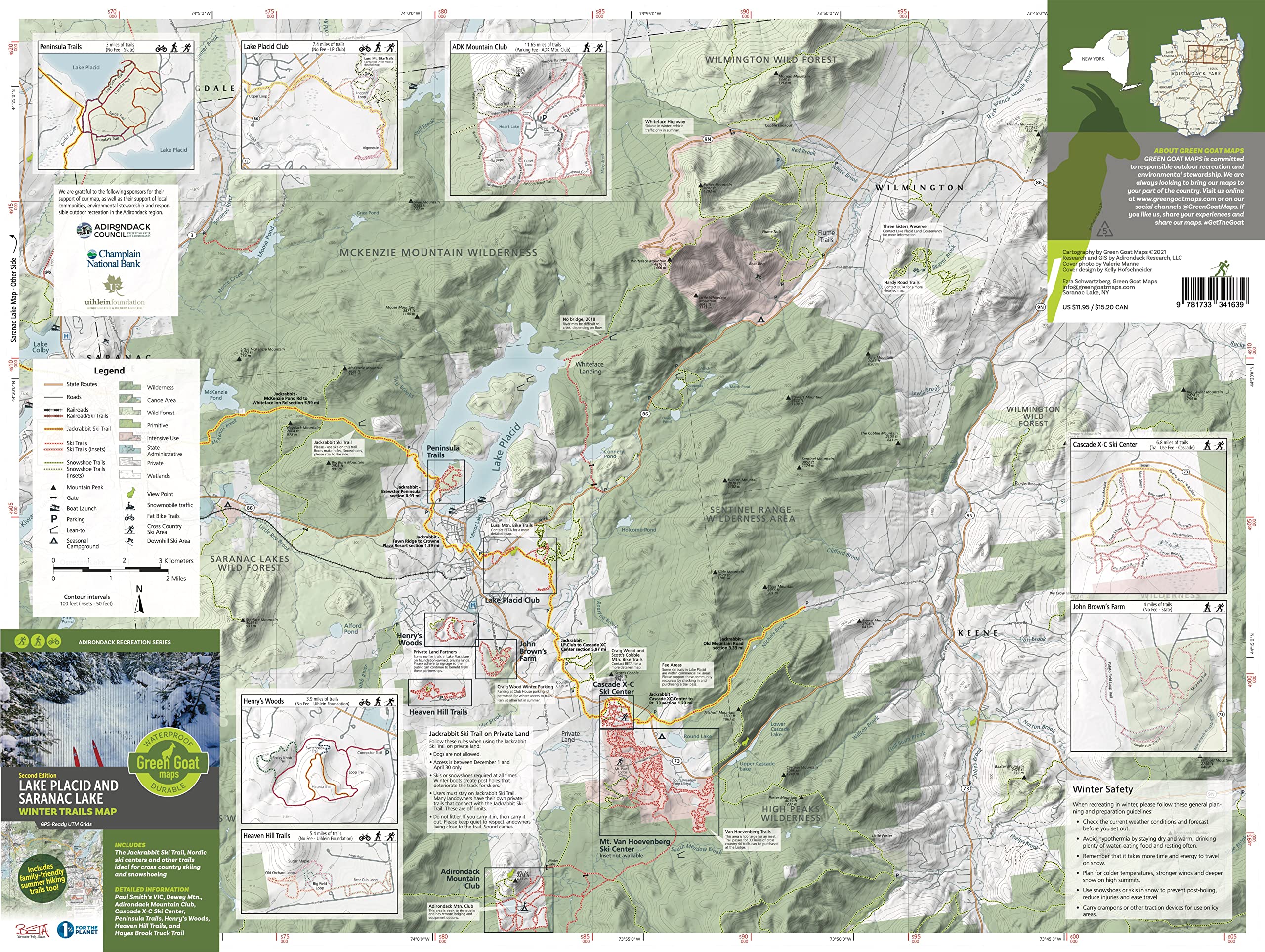 Lake Placid & Saranac Lake Winter Trails Map | Adirondacks High Peaks Hiking Map | Jackrabbit Ski Trail, Paul Smith’s College VIC, Cascade X-C Ski Center | Durable, Waterproof & Tear Resistant