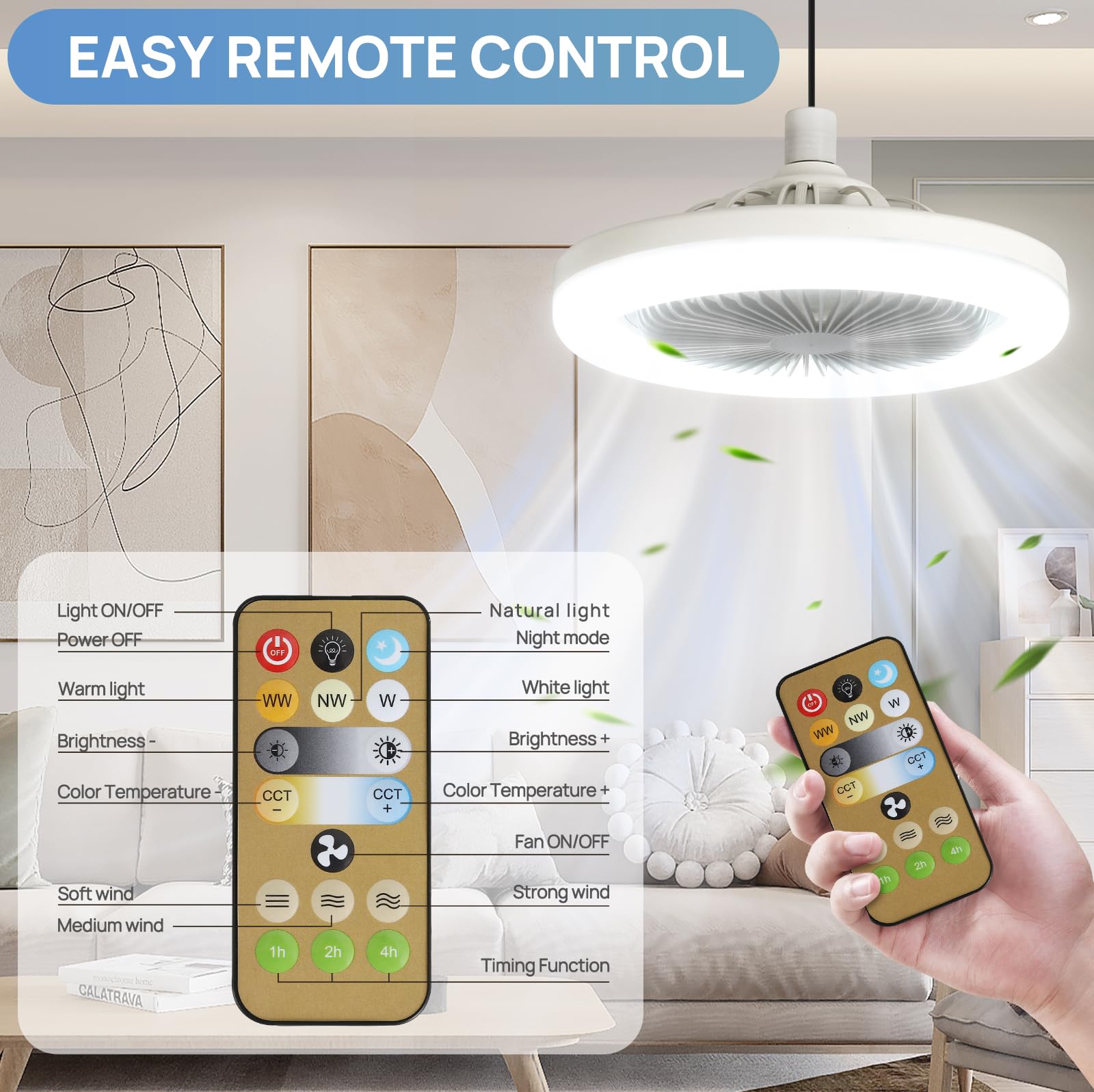 JOISTOON Socket Fan Light With Remote 10", Fan With Light 2,400 Lumen/6,500 Kelvin, Infinitely Adjustable, Light Socket Fan For Small Spaces Damp/Ventless, Need Ventilation & Airflow to Dry