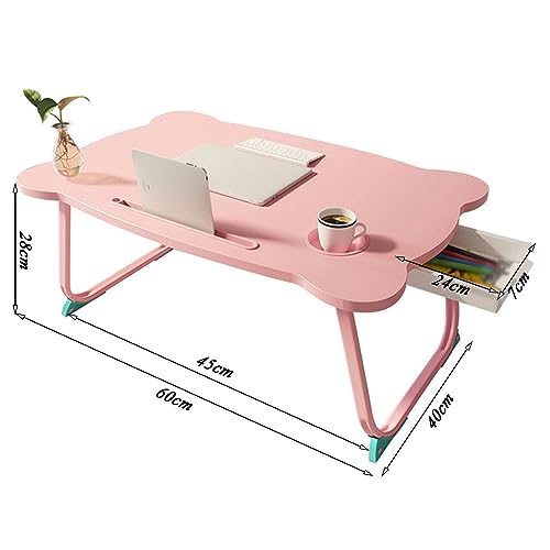 Laptop Bed Desk, Portable Foldable Laptop Bed Table with Storage Drawer and Cup Holder, Foldable Lap Trays for Eating, Writing, Reading and Working (Size: 60×40cm) (Pink