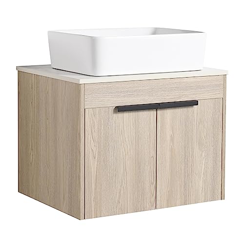 Lifeand 24" Modern Design Float Bathroom Ceramic Basin Set, Wall Mounted Vanity with Soft Close Door,2 Pieces Parcel,White Oak