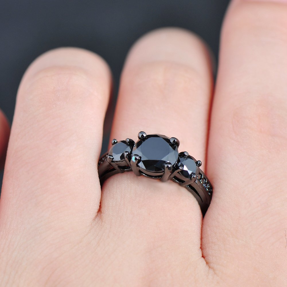 JunXin Round Cut Black Gold Three-stone Diamond Anniversary Ring Black Onyx Size6/7/8/9/10(7)