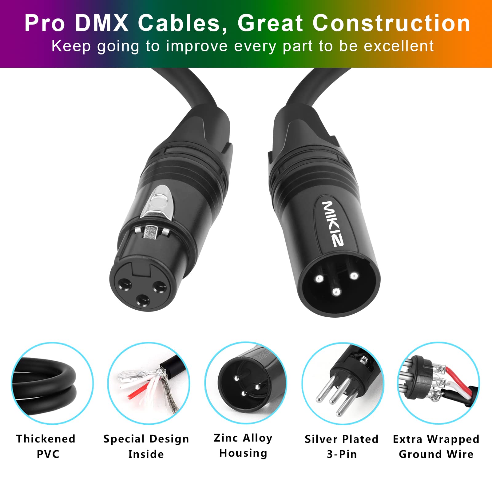MIKIZ DMX Cables 50 Ft 2 Packs - Pro 3 Pins DMX Male to Female Stage Signal Lighting Cables