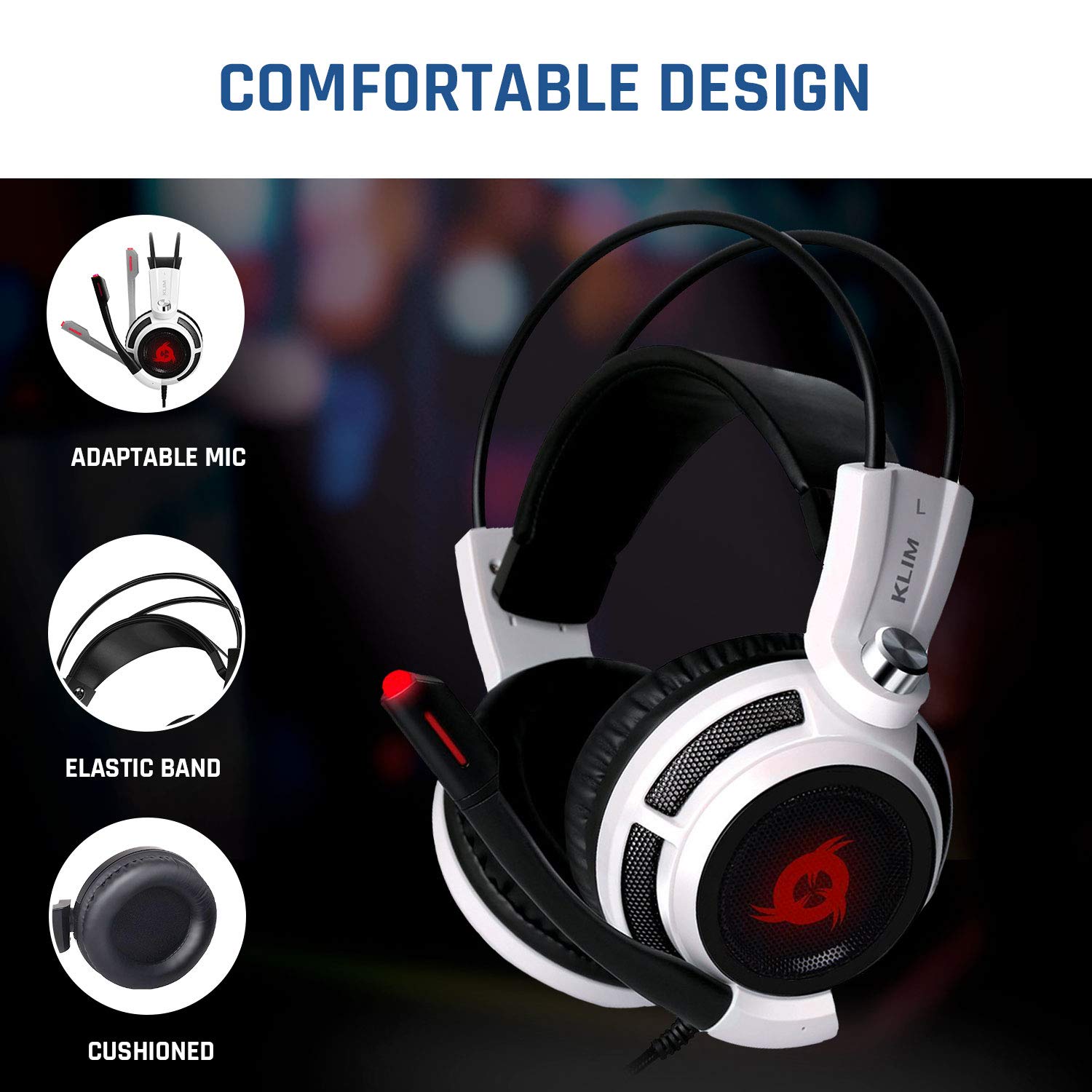 Klim Puma - USB Gamer Headset with Mic - 7.1 Surround Sound Audio - Integrated Vibrations - Perfect for PC and PS4 Gaming - New Version - White