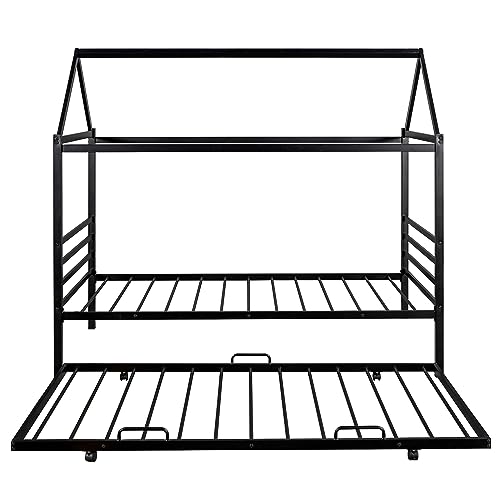 Lifeand Twin Size Metal House Shape Platform Bed with Trundle,Black
