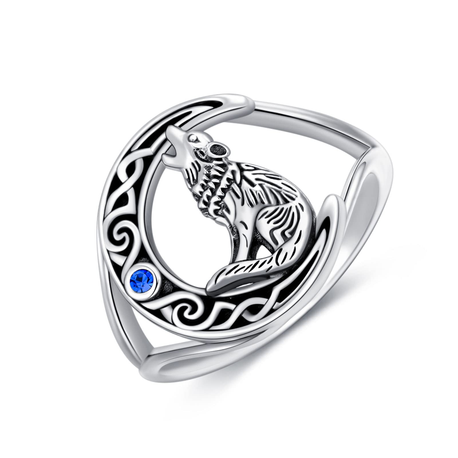 Plesitep Wolf Ring Sterling Silver Crescent Moon Wolf Ring for Women Men (6)