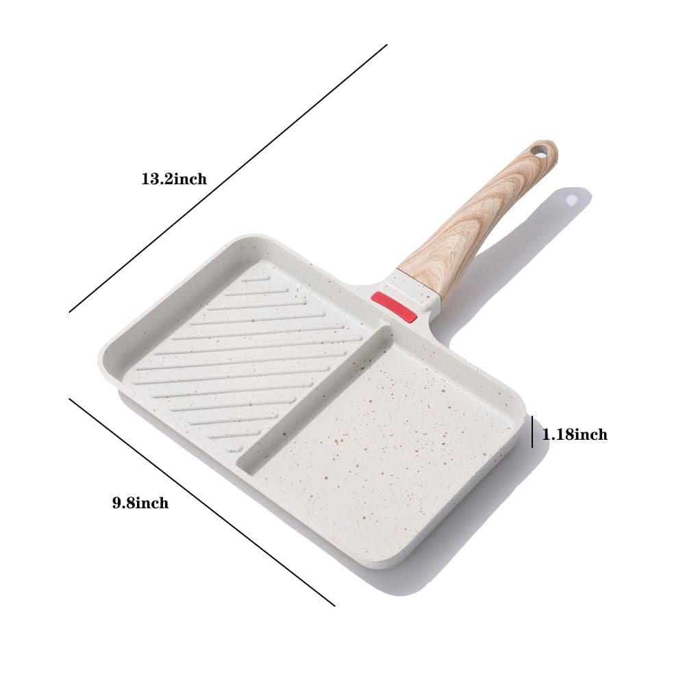 Unoschrim Non-stick Grill Pan 9.8 * 6.3 Inch, Divided Grill Pan, Aluminum 2-Section Versatile Griddle Pan, Breakfast Grill Pan for Cooking Eggs, Steaks, Chickens, All Stove Compatible