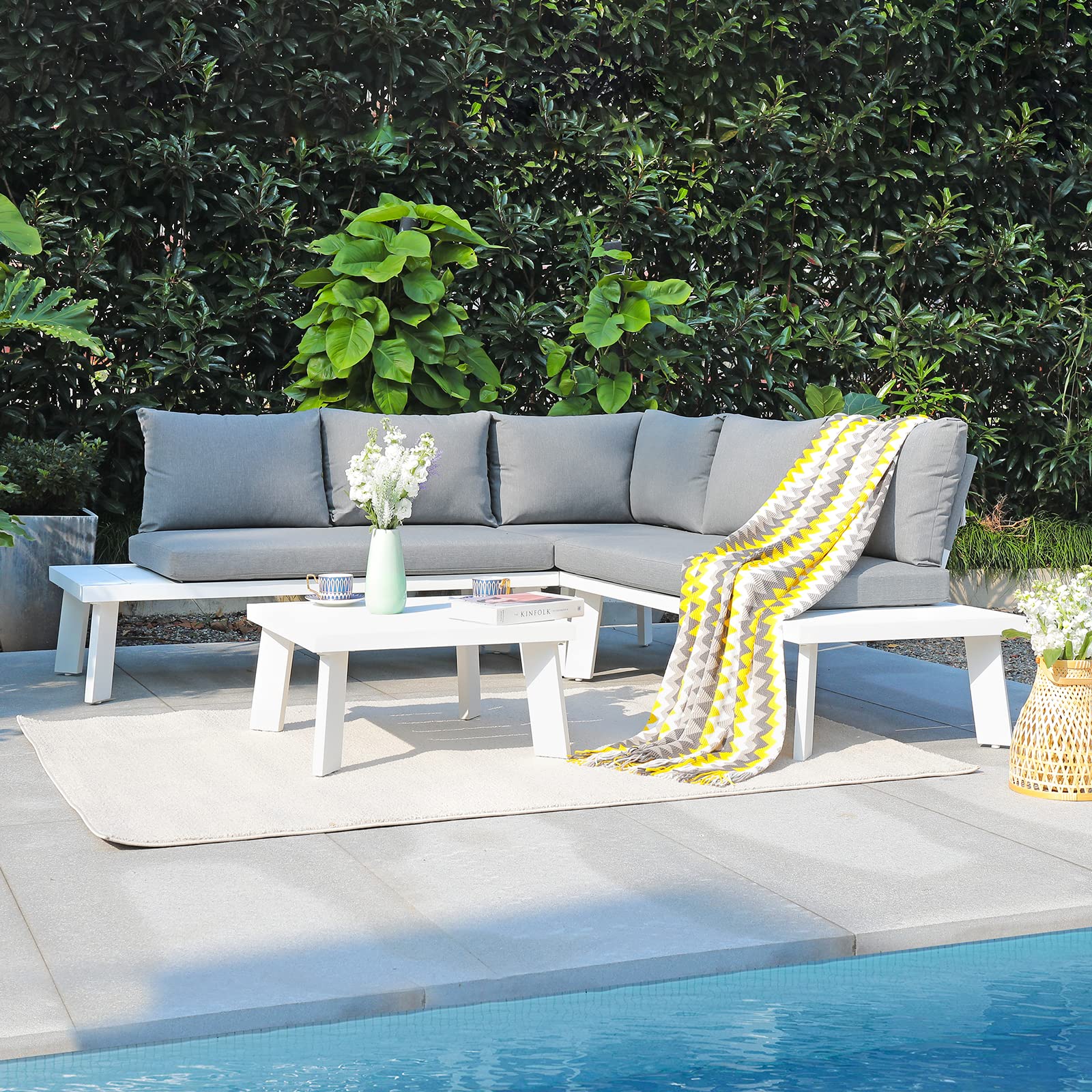 Soleil Jardin 4-Piece Outdoor Patio Furniture Set L-Shaped Aluminum Sectional Sofa with Coffee Table All-Weather Patio Conversation Set with Cushions, White