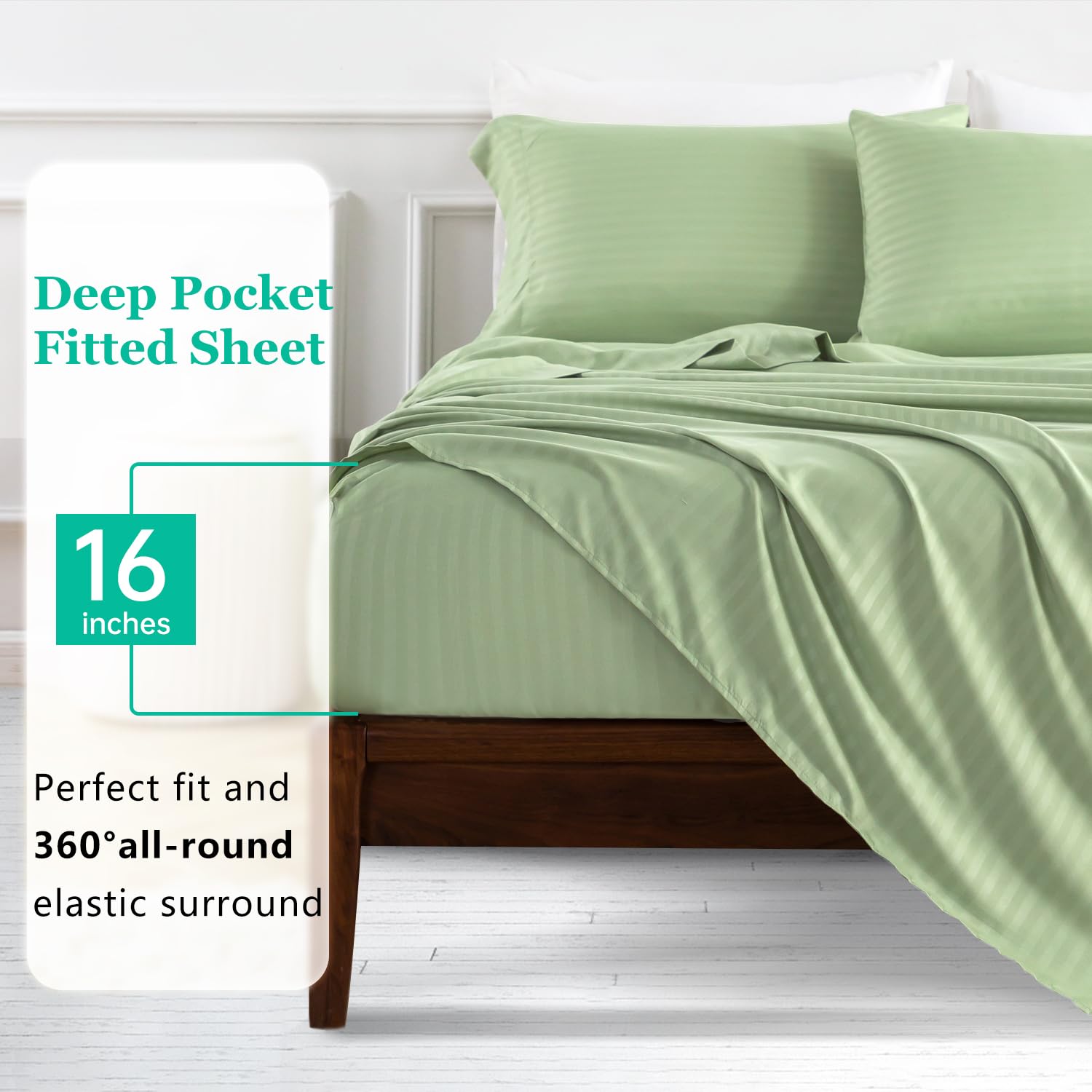 JOOKI Sage Green Striped Bed Sheets Set Full, 100% Microfiber Full Size Sheets Set Luxury Hotel Soft Cooling Sheets, 16" Deep Pocket Sheets, Breathable Wrinkle Free 4 Piece Bedding