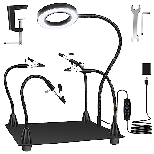 Magnetic Helping Hand, 10X Magnifying Glass with Light and Stand, Upgrade Soldering Helping Hands Station, 4 Flexible Metal Arms Heavy Duty Base Electronic Repair Tool for Soldering