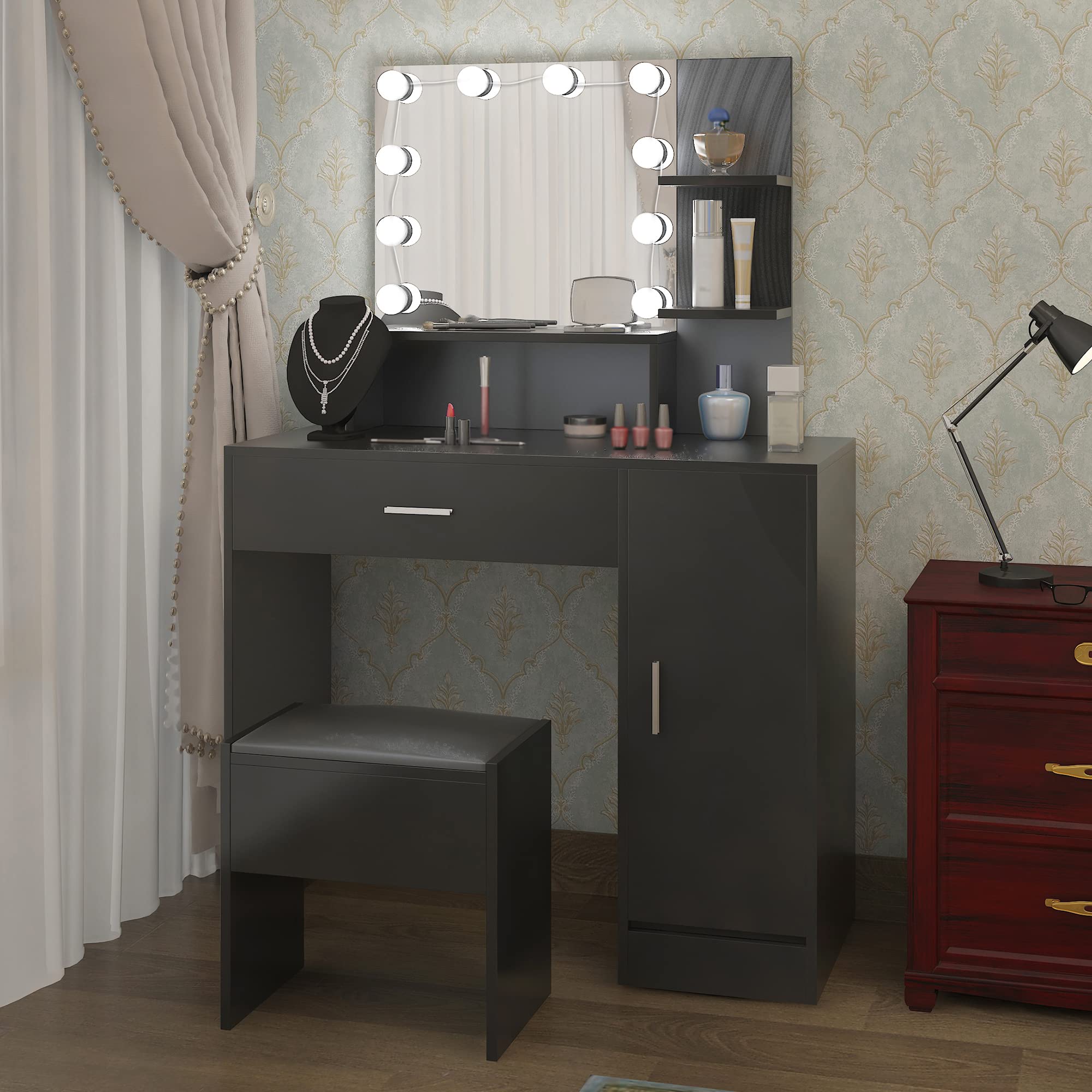 JOYSOURCE Large Vanity Set with 10 Light Bulbs, Black Makeup Vanity Table with Cushioned Stool, Vanity Desk with 3 Shelves & 1 Large Drawer & 1 Storage Cabinet, Dressing Table for Women, Girl, Bedroom