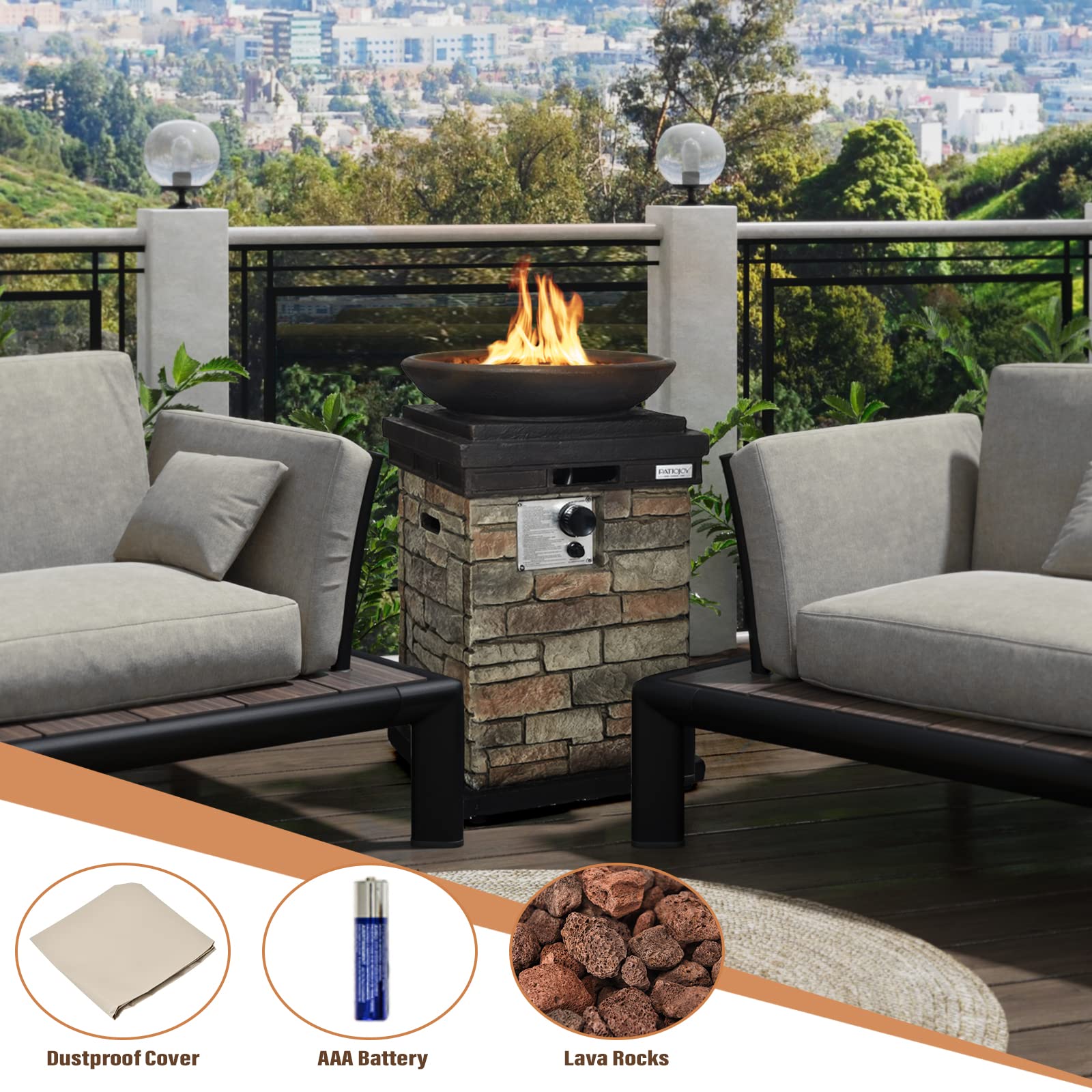 Tangkula Patio Propane Fire Bowl, Patiojoy 40,000BTU Square Fire Pit with Round Bowl, Lava Rocks & Waterproof Cover, Faux Stone Fire Pit Table for Outside Courtyard, Patio, Porch (Natural Stone)