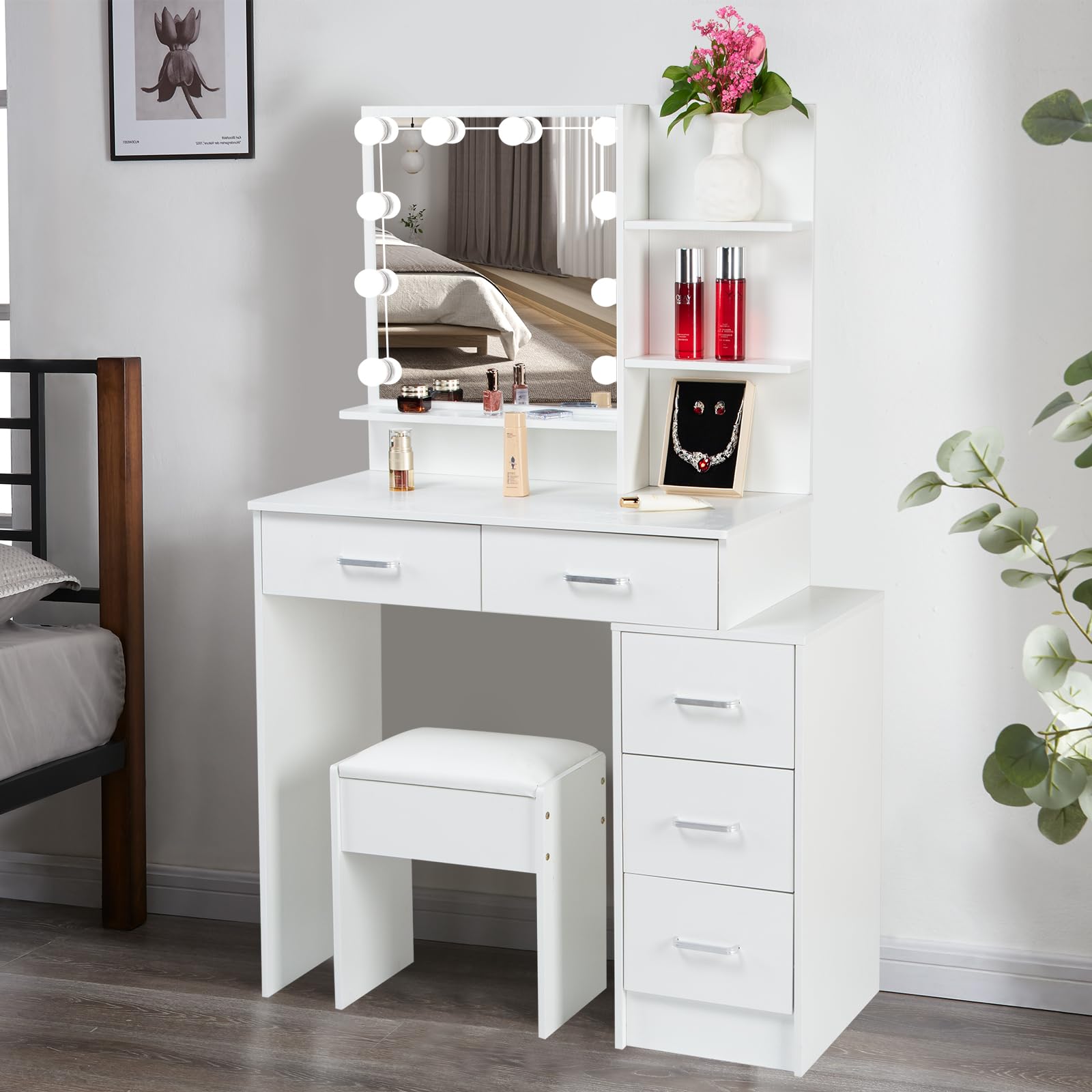 Jarbalai White Vanity Table with Mirror and Lights, Vanity Desk with Bedside Table, Vanity Set with 5 Drawers and Cushioned Stool for Bedroom