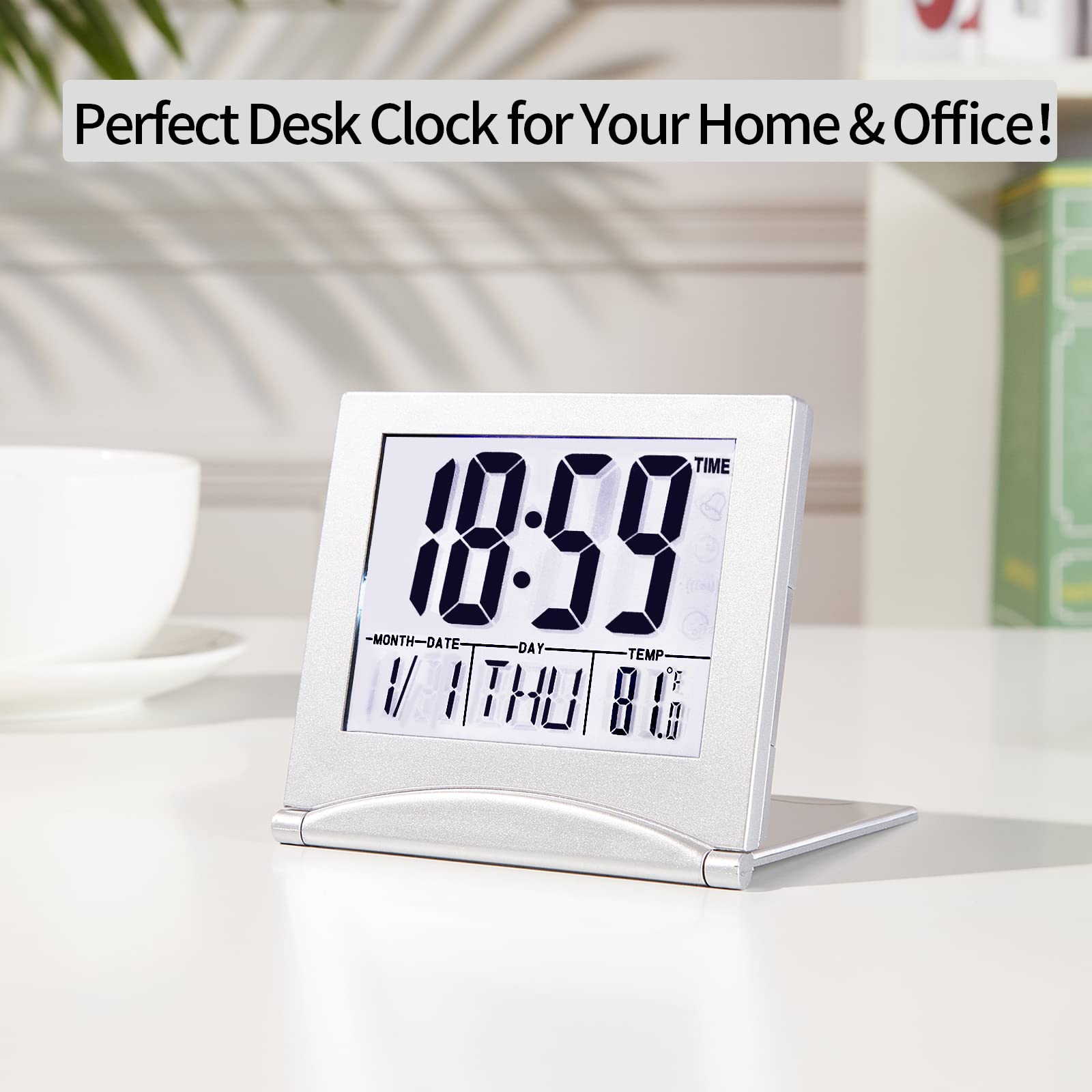 KANBIT Small Digital Travel Alarm Clock Battery Operated, Portable Large Number Display Loud Alarm Clock with Temperature, Night Backlight, 12/24 H Desk Clock -Silver (White Light)