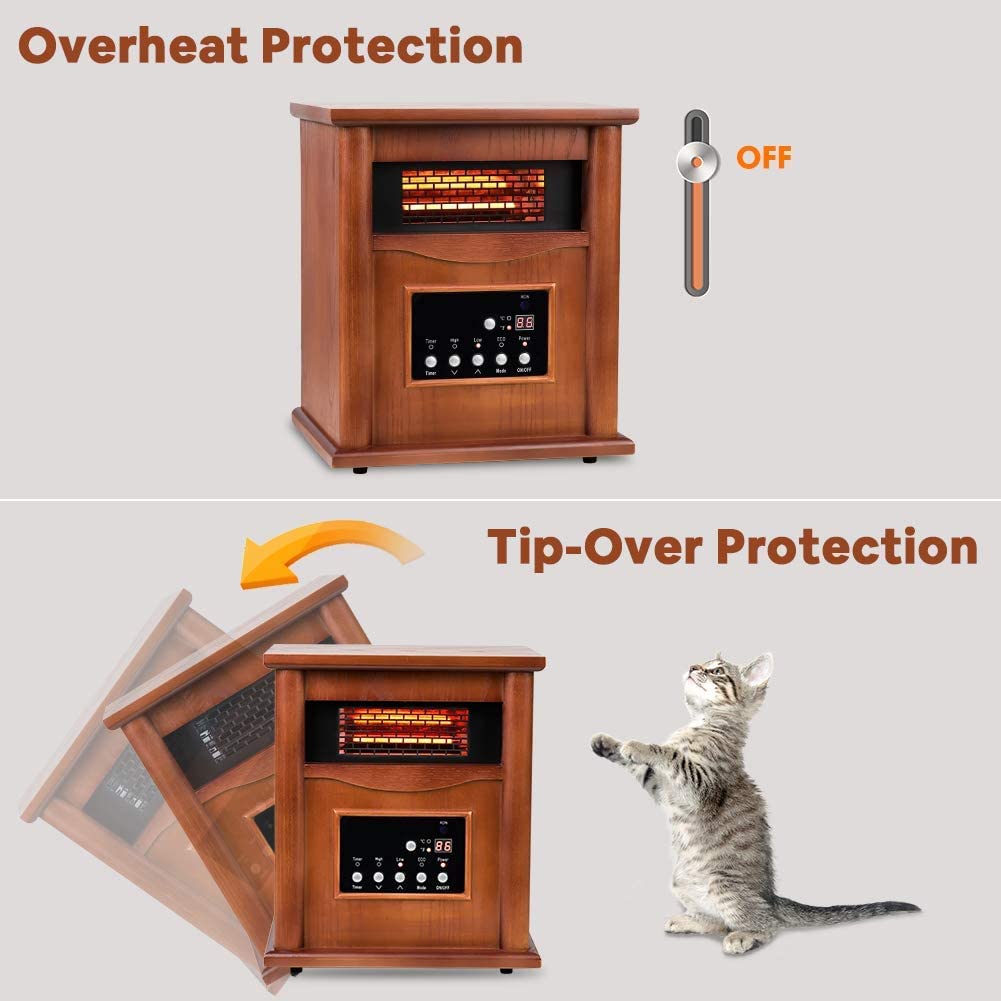 LifePlus Electric infrared Space Heaters for Indoor Room Use, 1500W Box Space Heater with Wood Frame, Remote Control and Timer, Multiple Security Protections, Nice for Living Room Home Office