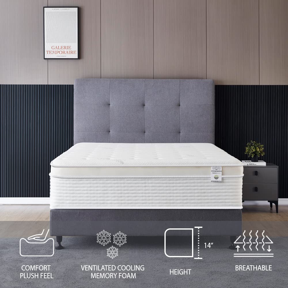 King Size Mattress - 16 Inch Cool Memory Foam & Spring Hybrid Mattress with Breathable Cover - Comfort Plush Euro Pillow Top - Rolled in a Box - Oliver & Smith