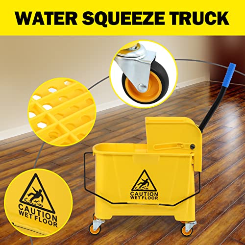 SAMGER S Commercial Mop Bucket with Down Press Wringer on Wheels 21 Quart 5 Gallon Portable Plastic Combo Mop Wringer Bucket with Metal Handle for Home and Commercial Floor Cleaning, Yellow
