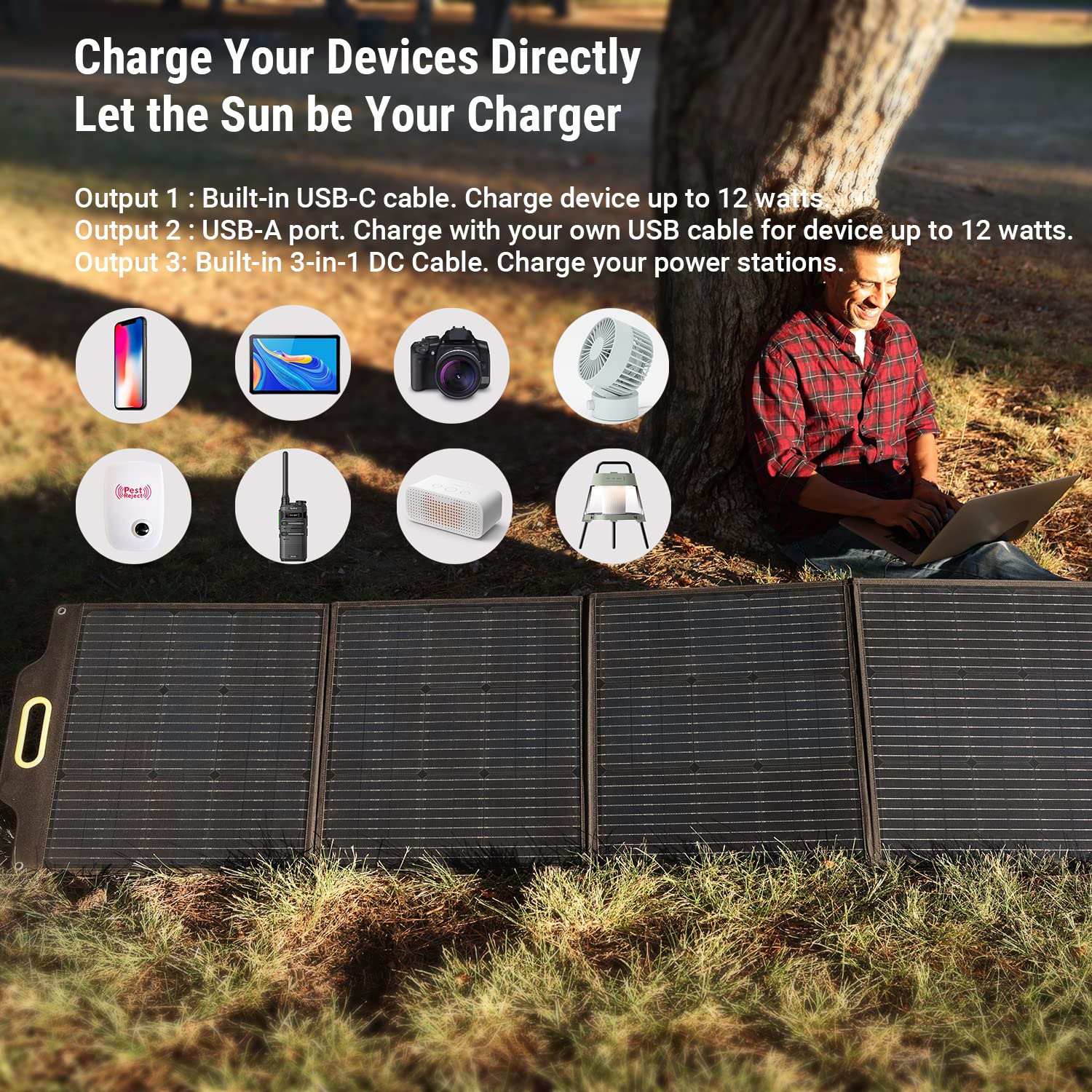 Powerness 200W Portable Solar Panel with 16.4 Feet/5 Meters DC Extension Cable