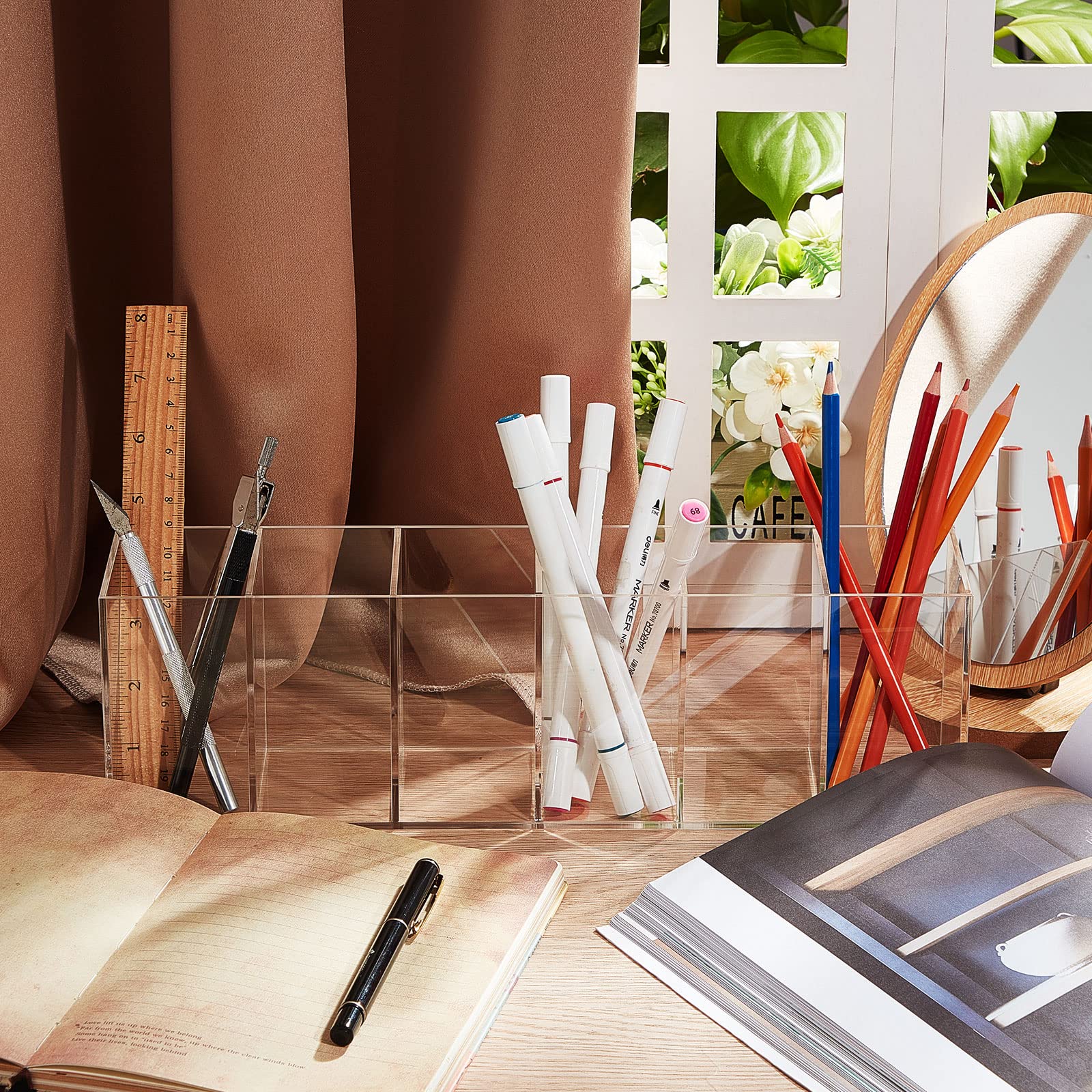 Jetec Acrylic Pencil Holder 6 Compartments Pen Holder Stationery Organizer Makeup Storage Box for Desk Accessories, Cosmetic Brushes, Office, Dorm, Bathroom, Kitchen Supplies (Clear)