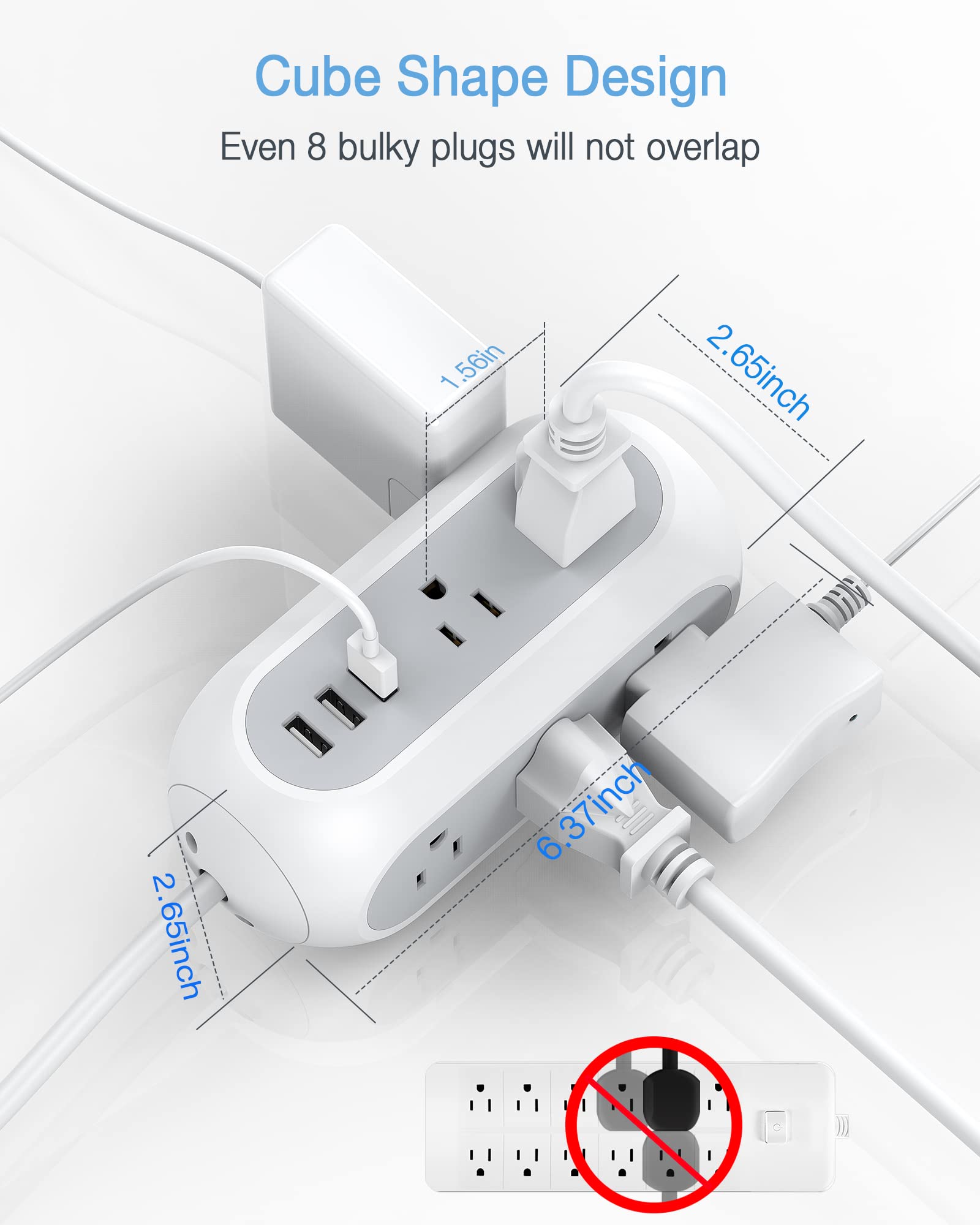Surge Protector Power Strip with 3 USB, TESSAN Flat Plug Dorm Extension Cord with Multiple Outlets, Mountable 8 Widely Spaced Outlets, 1050J Protection, 6.5 Feet Desk Charging Station for Office