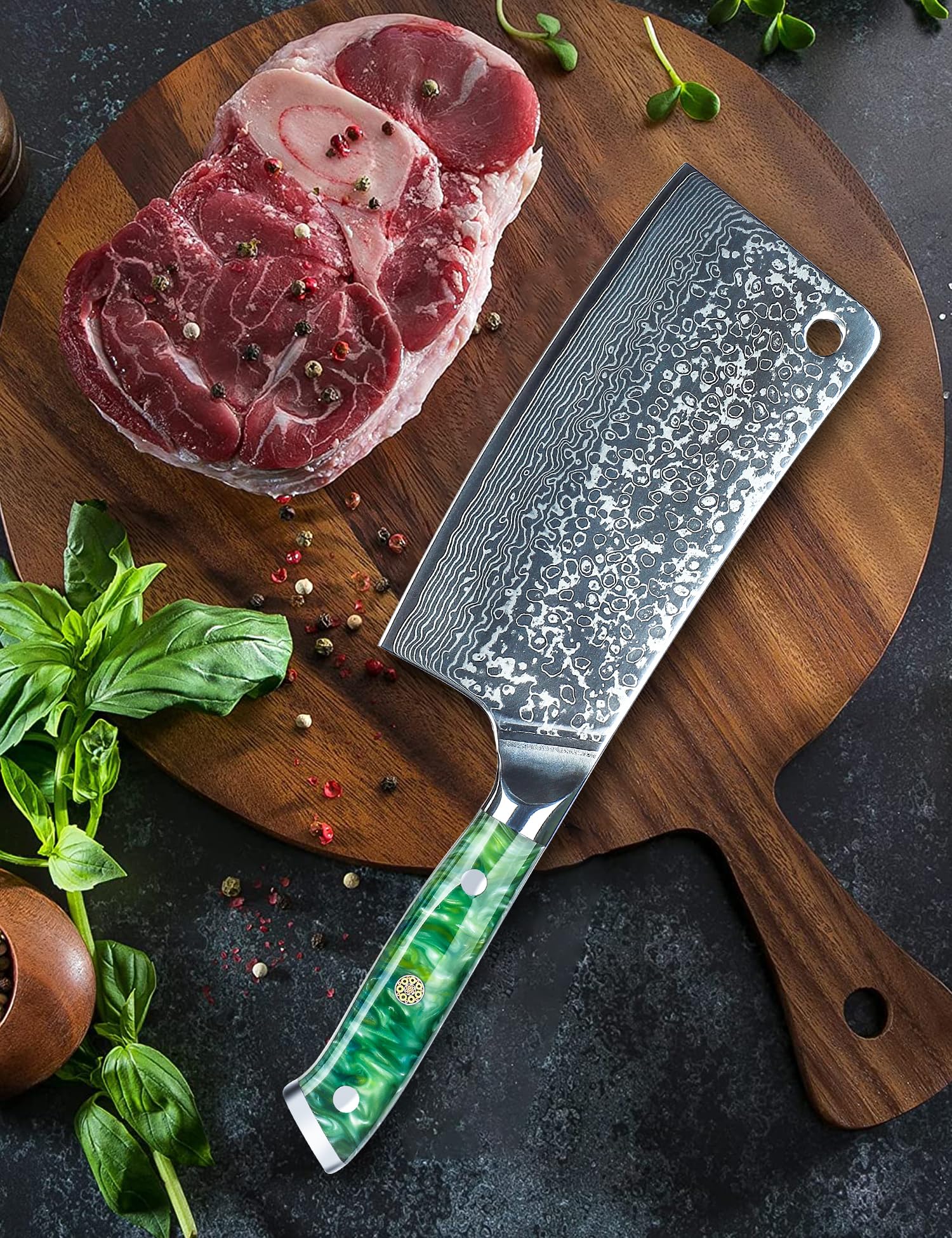 SANMUZUO Chopping Knife - 7 inch Cleaver Knife- Xuan Series - VG10 Damascus Steel Kitchen Knife - Resin Handle (Jade Green)