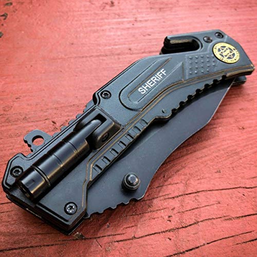 Spring Black Sheriff Led Light Spring Assisted Blade Pocket Stainless Steel Blade Folding Knife