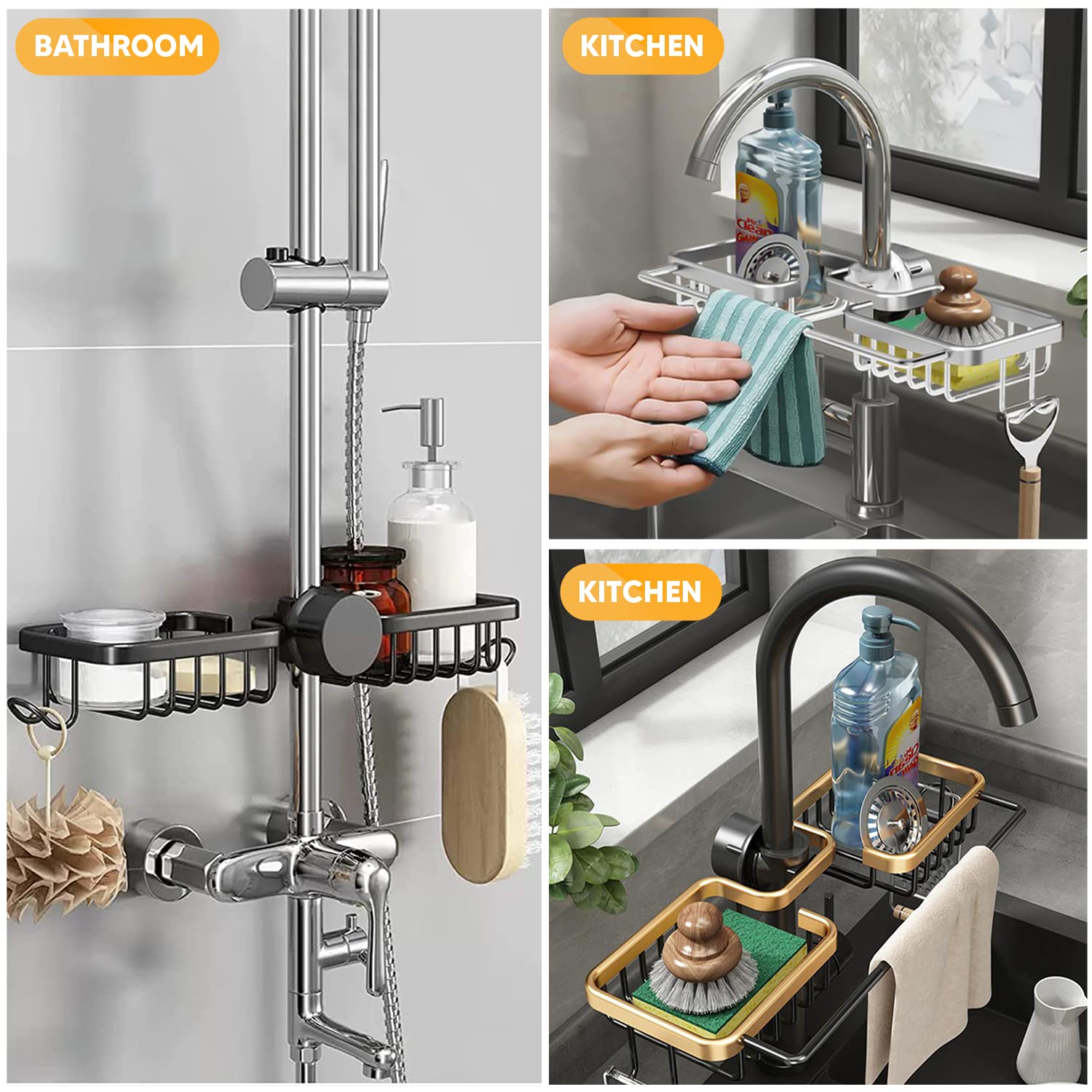 RMENA Faucet Sponge Holder Kitchen Sink Organizer β Sink Sponge Holder Faucet Drain Rack with Sponge and Cleaning Brush β Kitchen Caddy Sink Organizer for Kitchen Sink Accessories, Sponge, Dish Soap