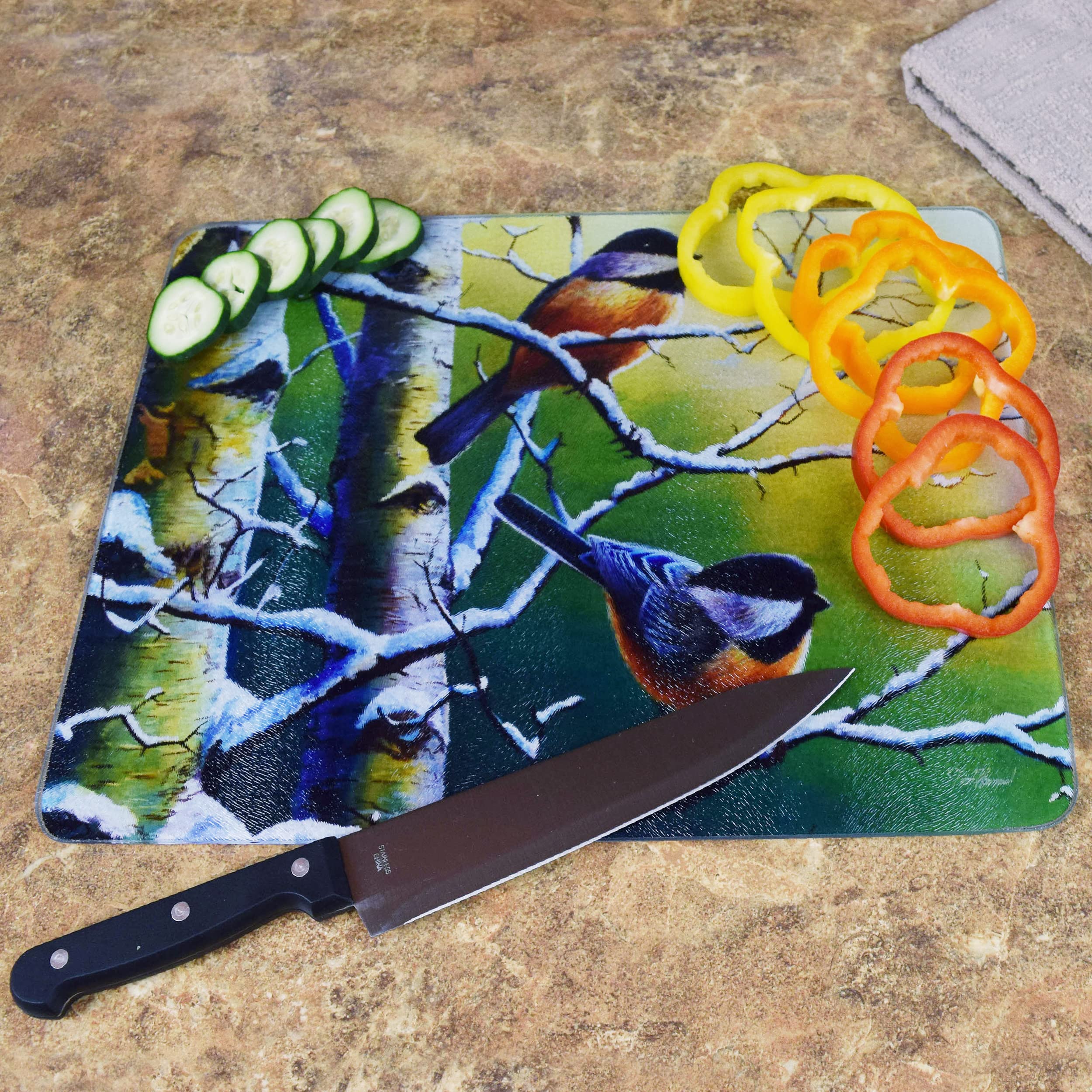 Rivers Edge Products Large 12in x 16in Decorative Tempered Glass Cutting Board, Hypoallergenic, Non Slip, Textured Surface Chopping Board for Kitchen, Cute Birds for Bird Watcher, Chickadee