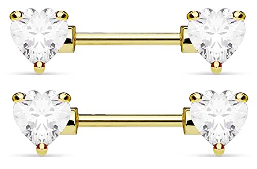 PAIR 14G GOLD TITANIUM PRONG SET HEART CZ STEEL BARBELL NIPPLE RING NIPPLERINGS Style 88888-919