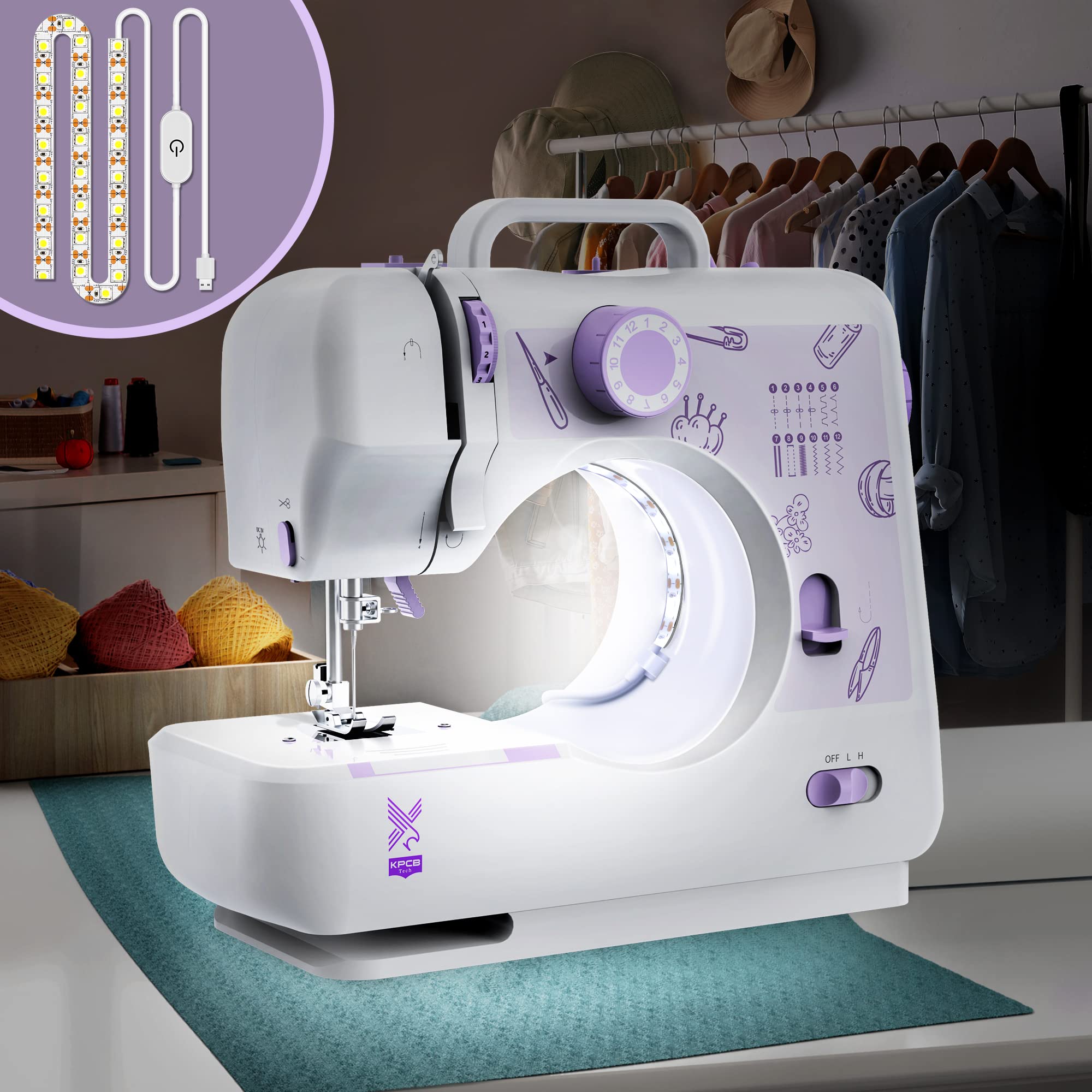 KPCB Tech Sewing Machines for Beginners, 12 Stitches Sewing Machine with Updated LED Strip and Sewing Kit Home Travel Use