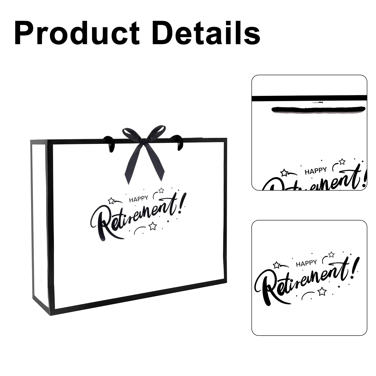 VFUNZA Retirement gifts for women/men, Bag for happy/funny/best retired, 13" Luxurious Black Edge White gift Bags