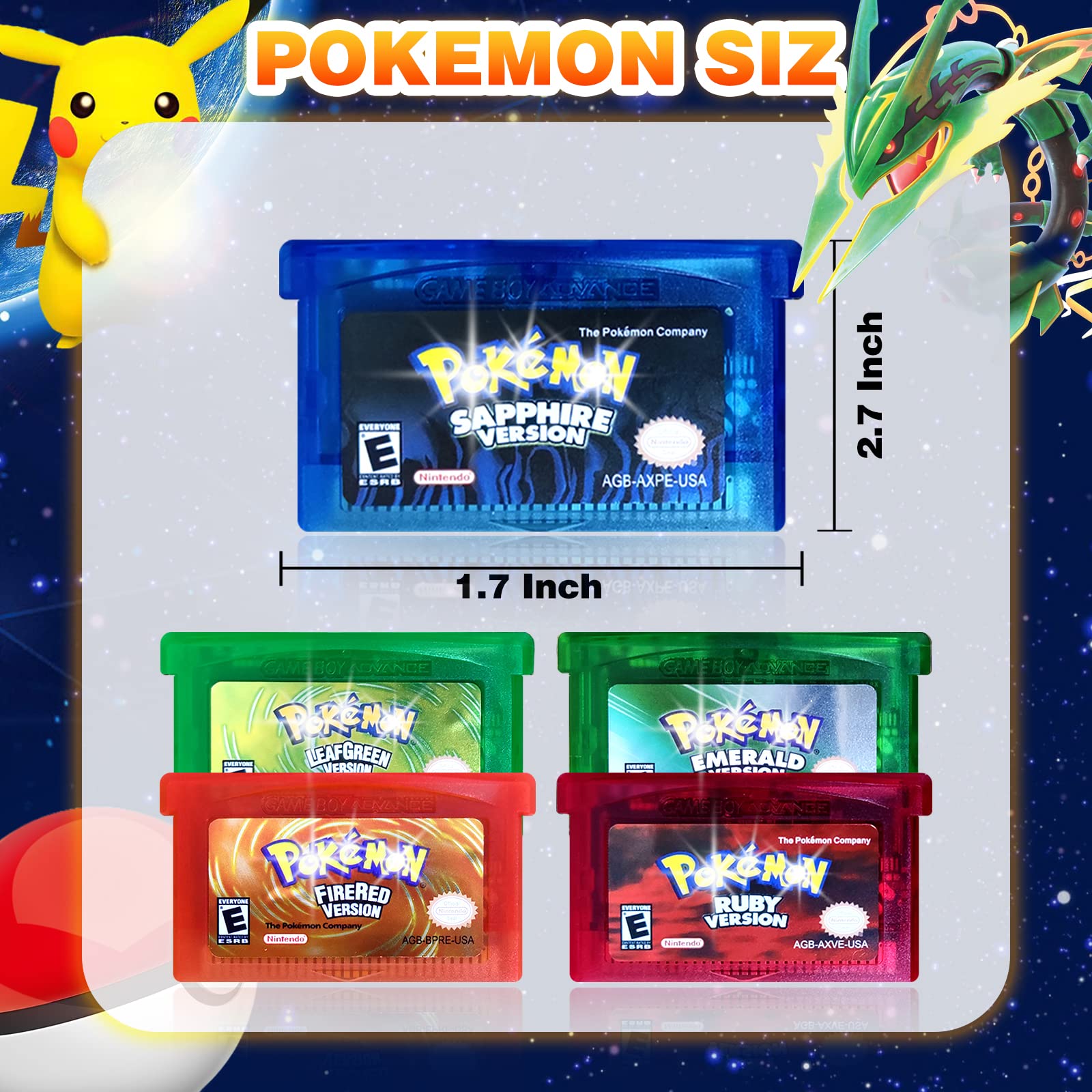 QUANBO 5 Pcs Ruby,Emerald,Sapphire,LeafGreen,FireRed Version GBA Game,Monster Third-Party Cards Gameboy Cartridge Compatible with GBM/GBA/SP/NDS/NDSL (Reproduction Game Cards)
