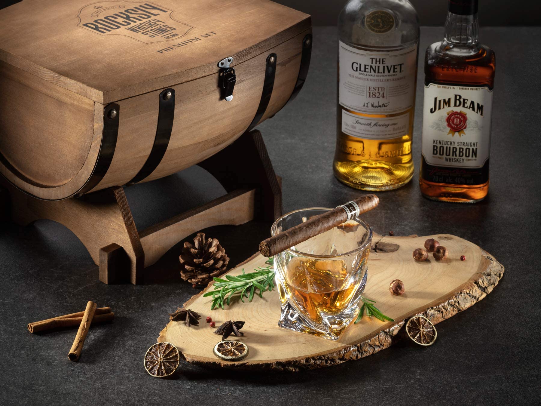 ROCKSLY Whiskey Stones Gift Set for Men in Whiskey Half Barrel Gift Box | 8 Whiskey Rocks, 2 Whiskey Glasses in a Whiskey Box Gift Set | Granite Bourbon Stones | Whiskey Kit for Men: Dad, Boyfriend