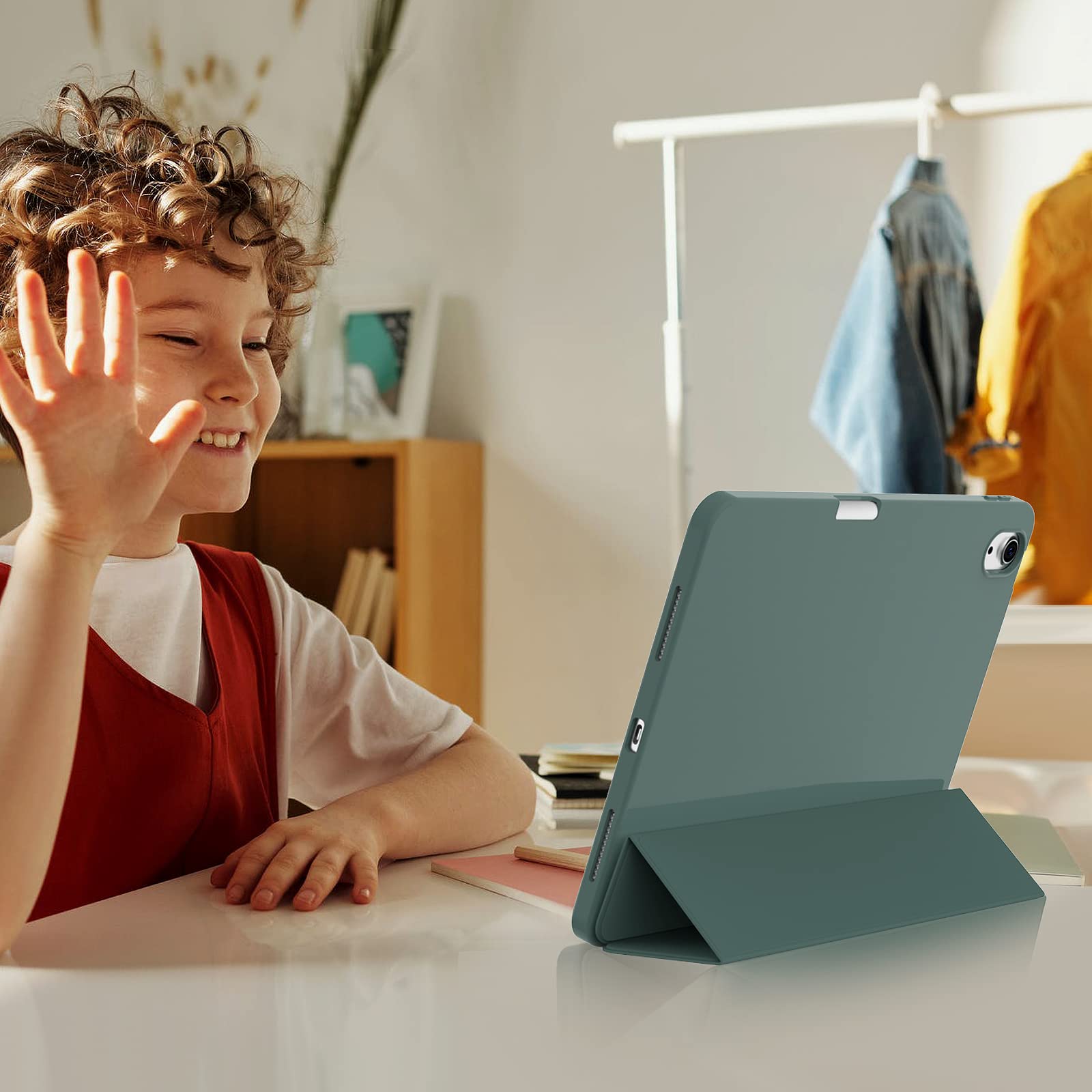 KenKe Case for iPad Air 5th Generation (2022) / iPad Air 4th Generation (2020) 10.9 Inch with Pencil Holder, Support Touch ID, Smart Stand Soft TPU Back Cover, iPad Air 5/4 10.9 inch Case, Dark Green