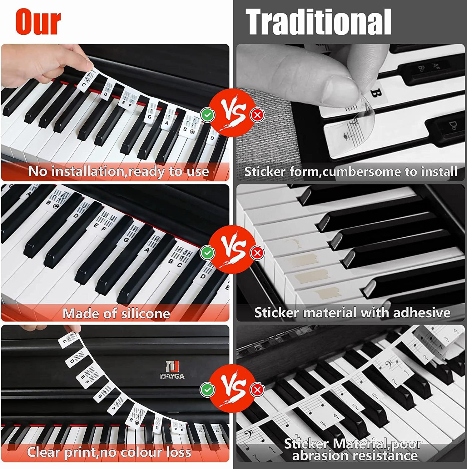 Removable Piano Keyboard Note Labels - Piano Notes Guide for Beginner 88-Key Full Size - Made of Silicone Reusable No Need Stickers and Comes with Box (Black)