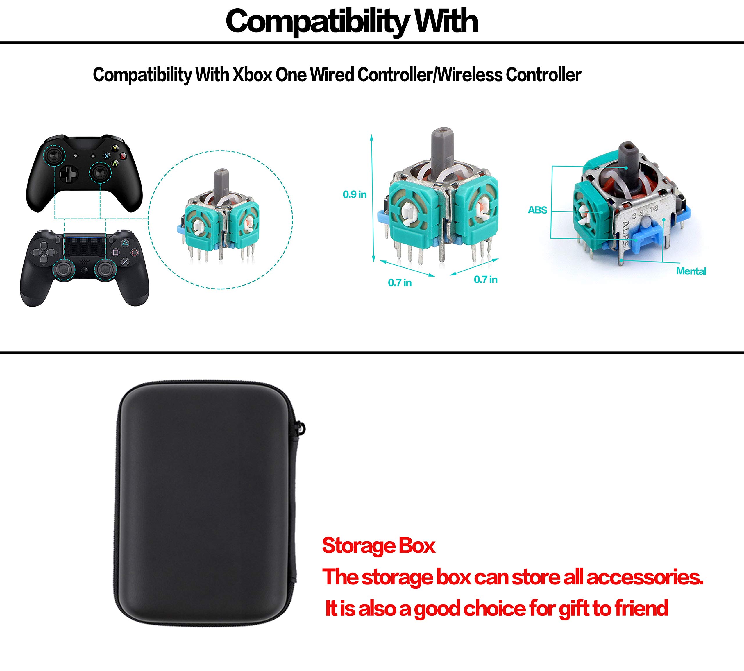 LonHon 4PC 3D Analog Joysticks Wireless Thumb Sticks Sensor Replacements for Xbox 1 Controller, with D Pads Rubber Conductive R L Button, Screwdriver, Tweezers, Bush, Storage Box 39 pcs Repair Kits