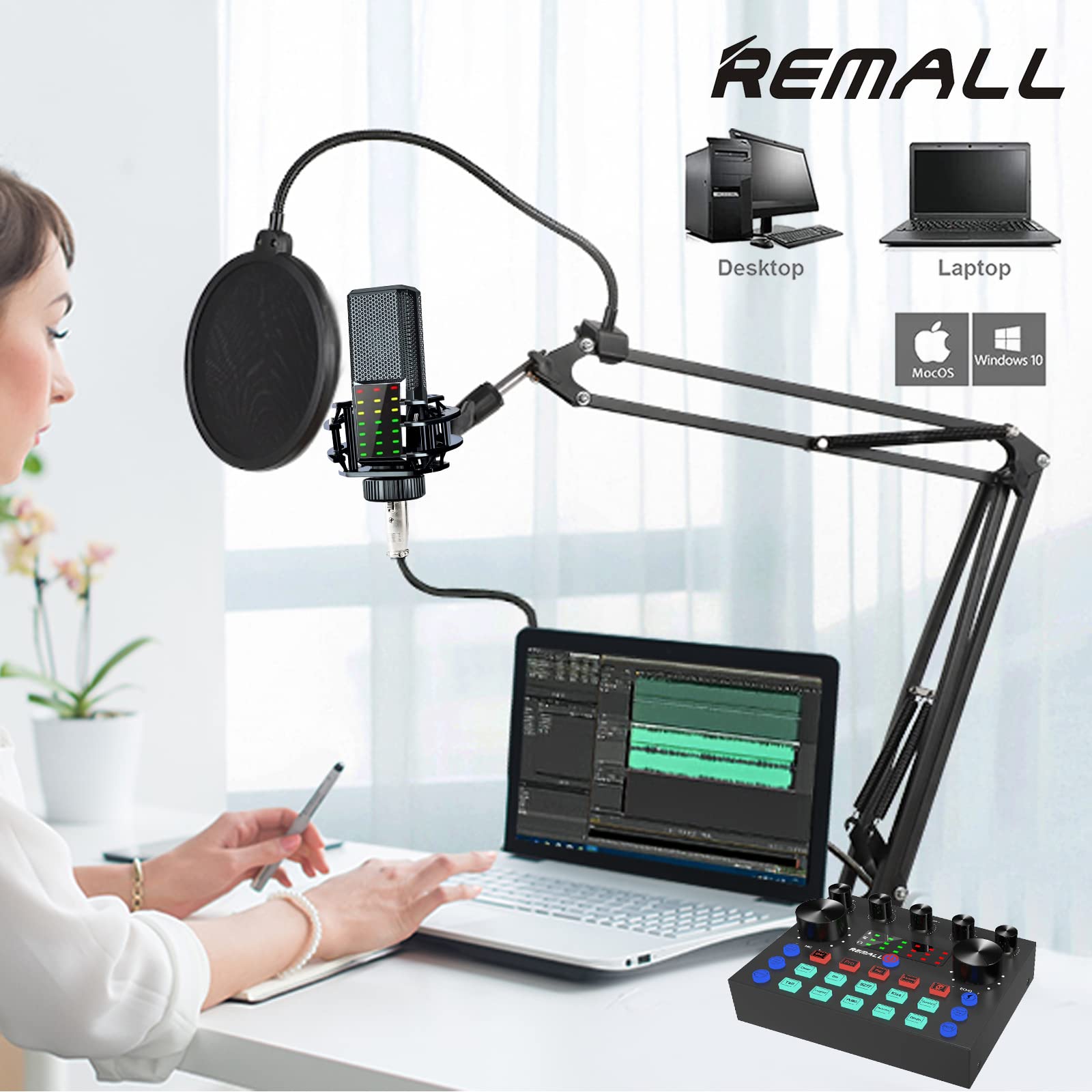 REMALL Audio Interface Podcast Equipment Bundle DJ Mixer Audio Streaming Podcast Microphone Studio Condenser Mic Gaming PC Phone Recording Card Sound Board