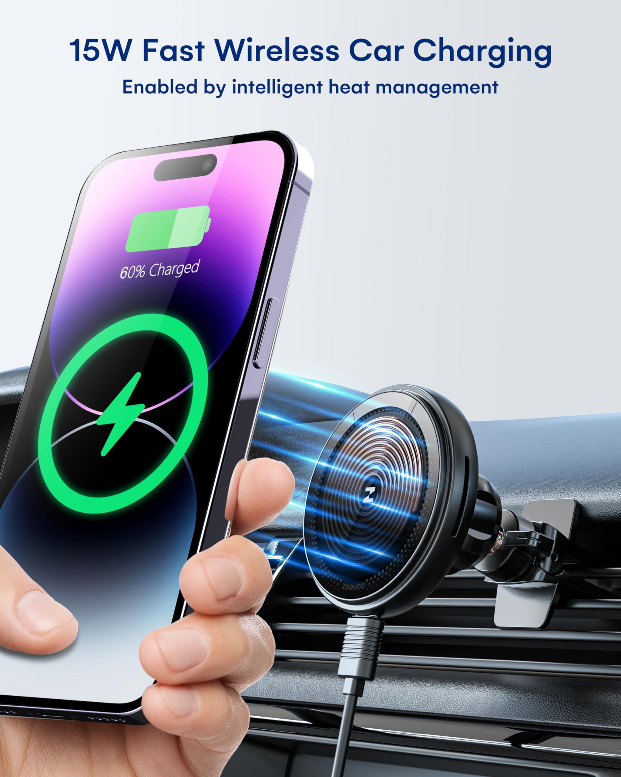 Magnetic Wireless Car Charger Mount, Mag-Safe Compatible Car Mount Wireless Charger, Dashboard & Air Vent Car Phone Mount Compatible for iPhone 15 14 13 12 Pro Max Mini etc