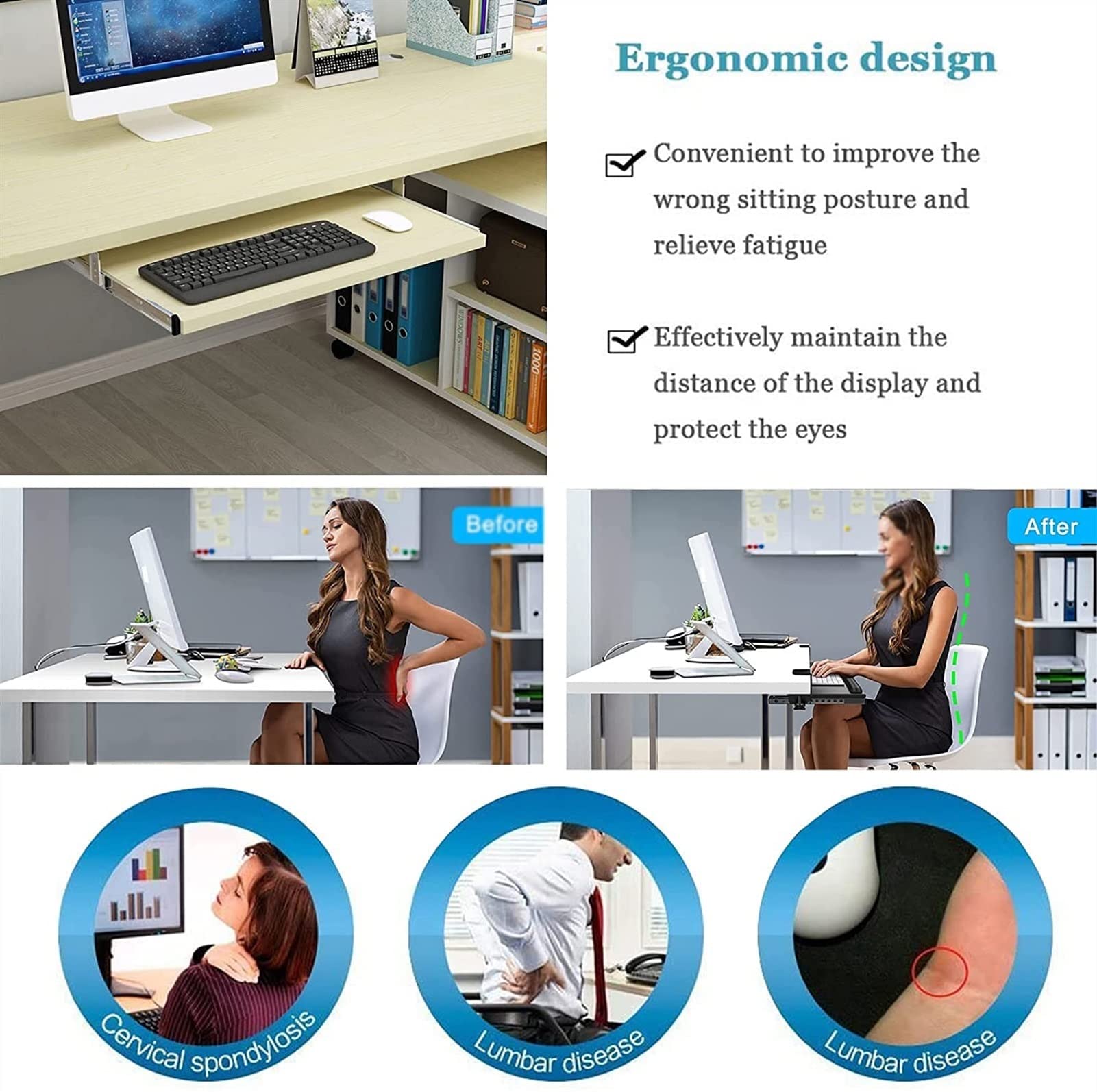 Keyboard Tray Wooden Sliding Keyboard Drawer Desk Elbow Arm Support Strong Load Capacity Computer Keyboard Arm Tray Mouse Storage Rack 54/60/70x27cm 5 Colors Easy to Assemble Push Pull Use