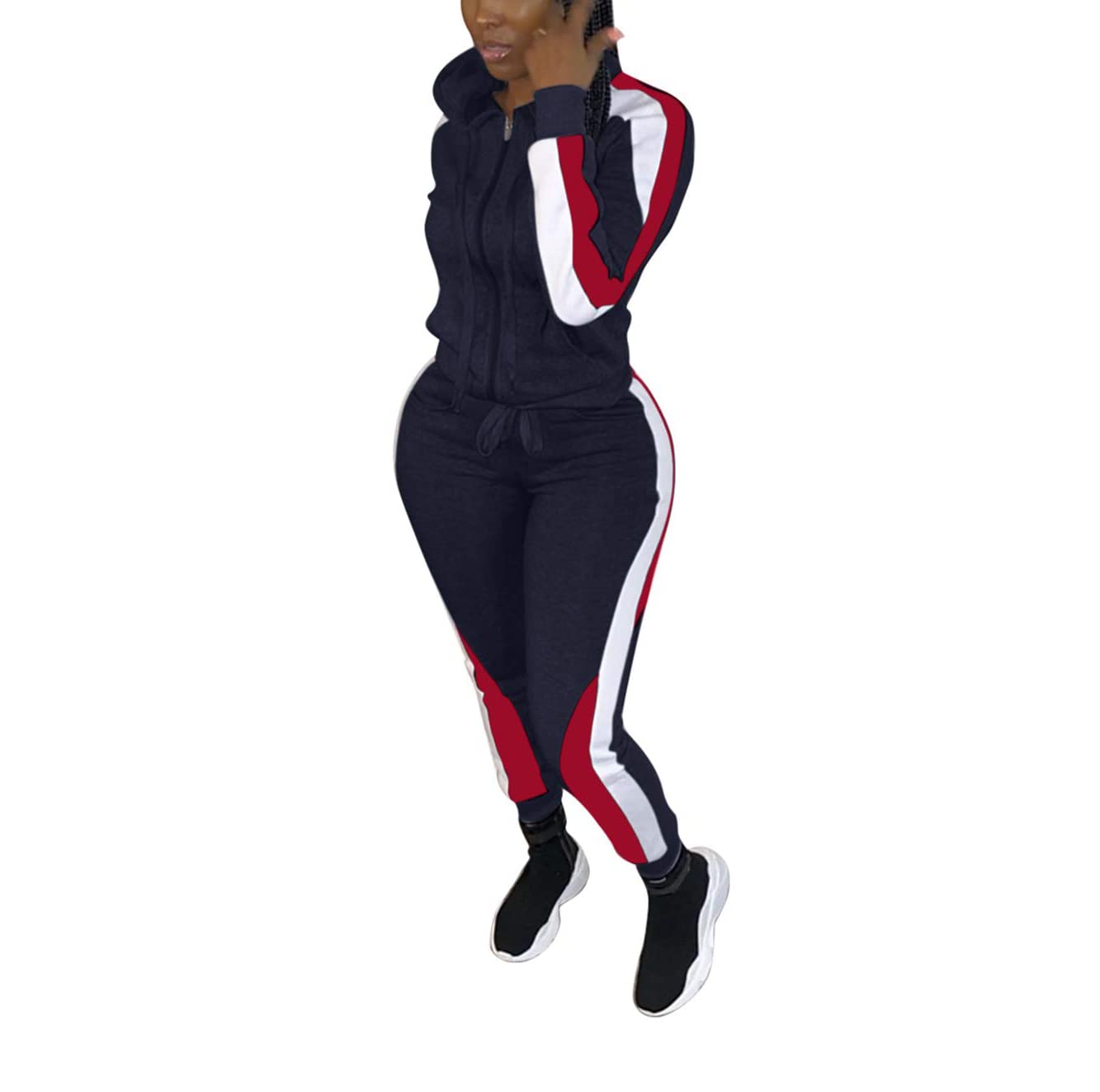 Remxi Womens Two Piece Striped Panel Long Sleeve Zip Hoodie + Skinny Jogger Tracksuit Blue 3XL