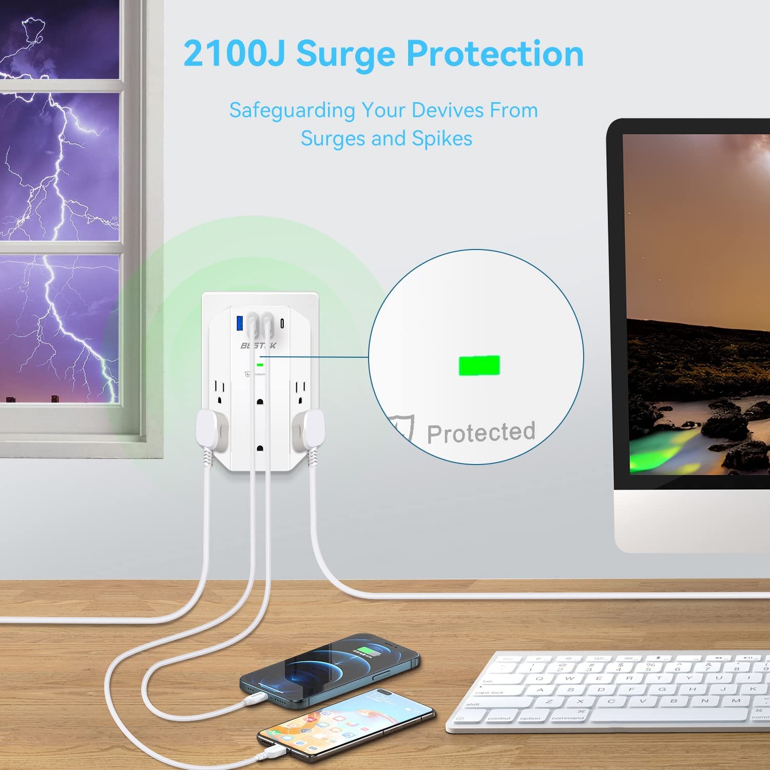 Surge Protector, Outlet Extender with 6 Outlets and 4 USB Ports (1 USB C PD20W), BESTEK 2100 Joules Power Strip 3 Sided Multi Plug Outlet for Wall Mount
