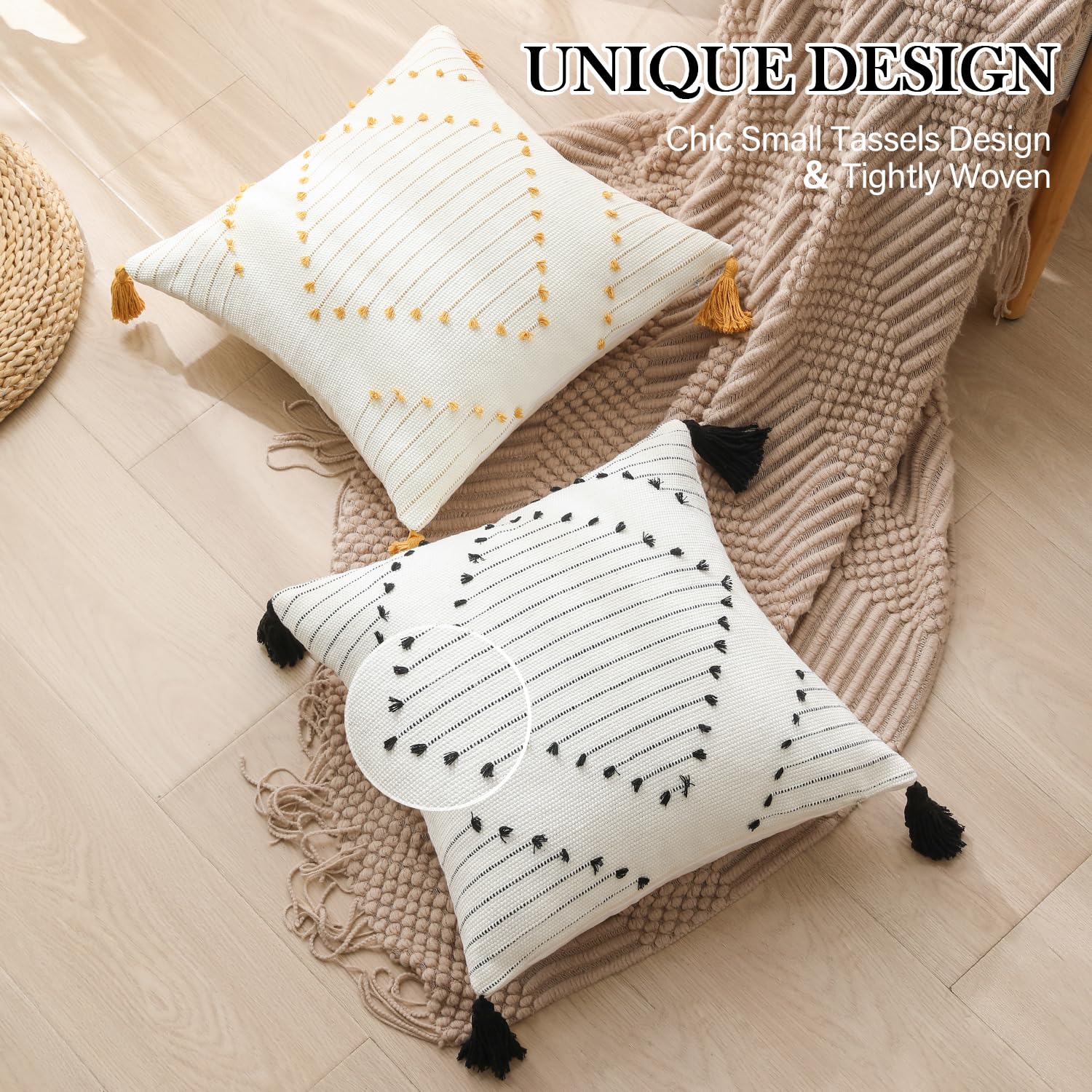 Joyesup Boho Throw Pillow Covers 18x18 Set of 2 Farmhouse Pillow Covers with Tassel Decorative Throw Pillow Cases Room Decor Woven Pillow Covers for Couch Bed Living Room Dormitory(White and Black)