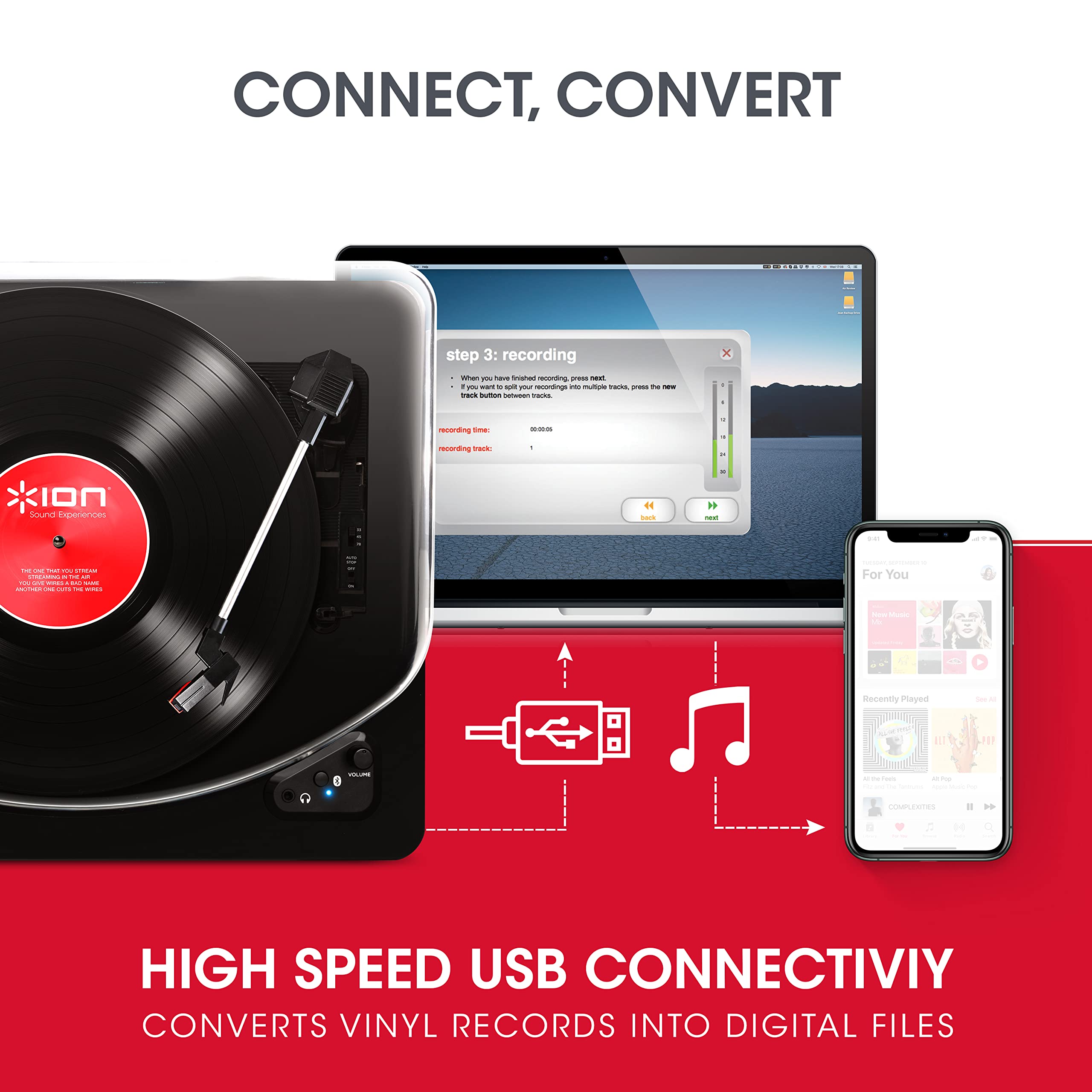 ION Audio Air LP | Vinyl Record Player / Bluetooth Turntable with USB Output for Conversion and Three Playback Speeds – Black Finish