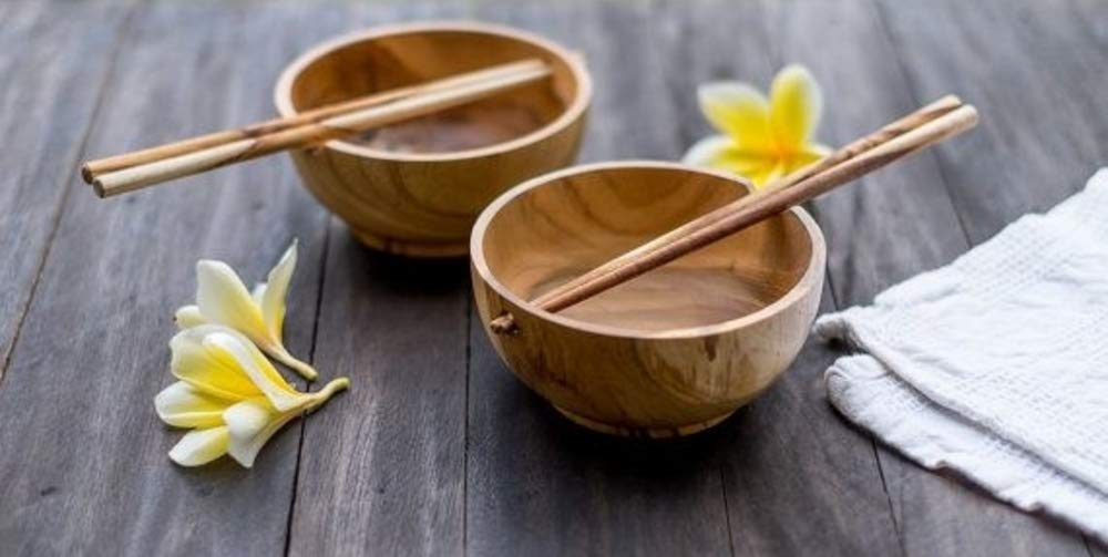 OMA Set Of Two Rice Bowls With Chopsticks Teak Wood Salad Noodle Udon Bowls
