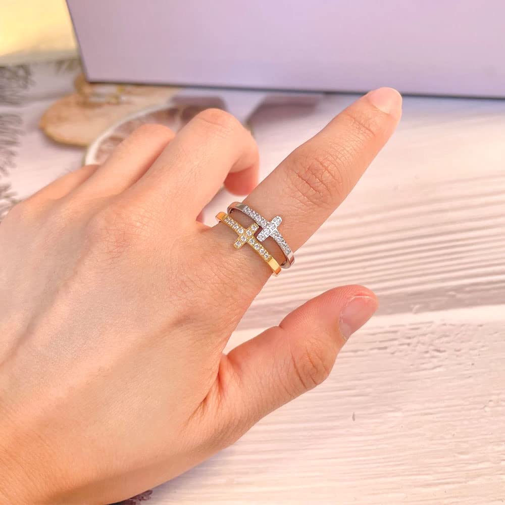 MYNENEY 14K Gold/Silver Plated Wedding Bands for Her Cubic Zirconia Eternity Stackable Engagement Ring for Women Size 4-10 (2MM Cross Silver, 7)