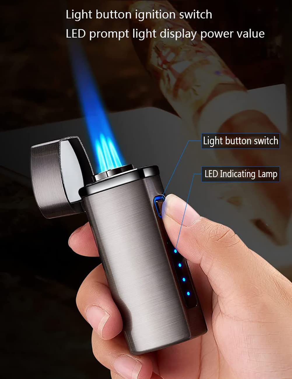 Jet Torch Lighter, Windproof Butane Lightr with LED Light USB Rechargeable Lighters, Great Gift Idea for Men Women (Butane Not Included) (One Size,Silver)
