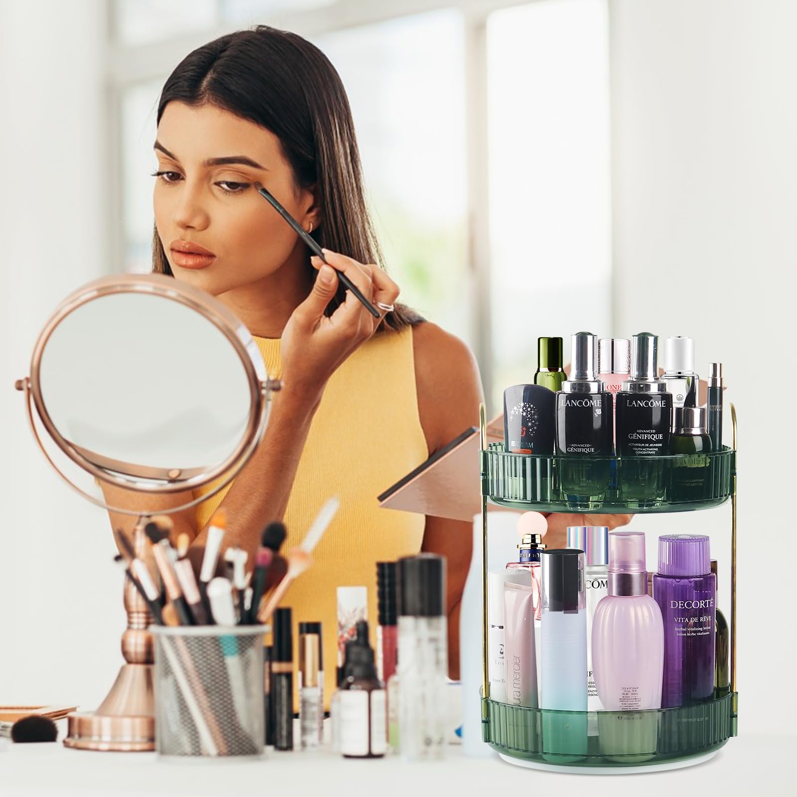 YUUHENG Rotating Makeup Organizer for Vanity - 360 Makeup Storage Spinning Holder Rack, Large Capacity Multi-Function Cosmetics Storage Shelf, Fits Countertop(1 Tier, Green)
