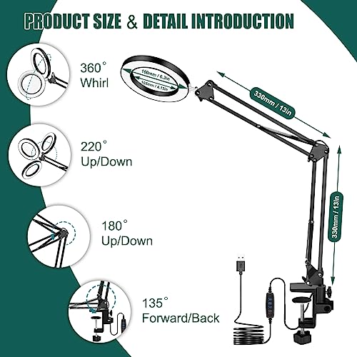 Magnifying Glass with Light Toolour 5X&10X Magnifying Glass Light with 26in Long Arm, 3 Colors Dimming Magnifying Desk Lamp, Lighted Magnifier Glass for Jewelry Close Work Reading Hobby Craft